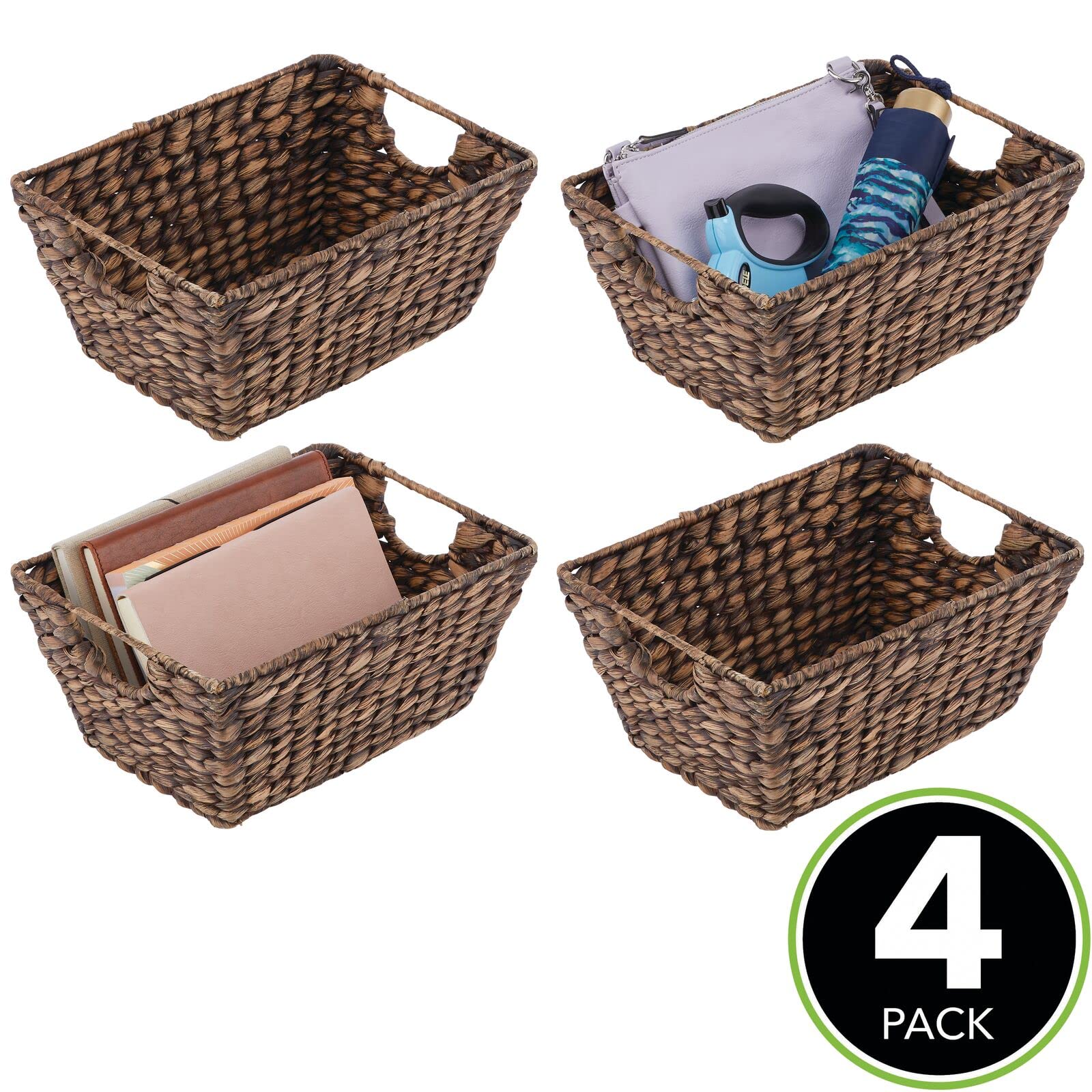 mDesign Set of 4 Wicker Storage Baskets with Handles – Storage Baskets for the Bedroom, Living Room, Bathroom or Hallway – Wicker Baskets for Household Items – Black