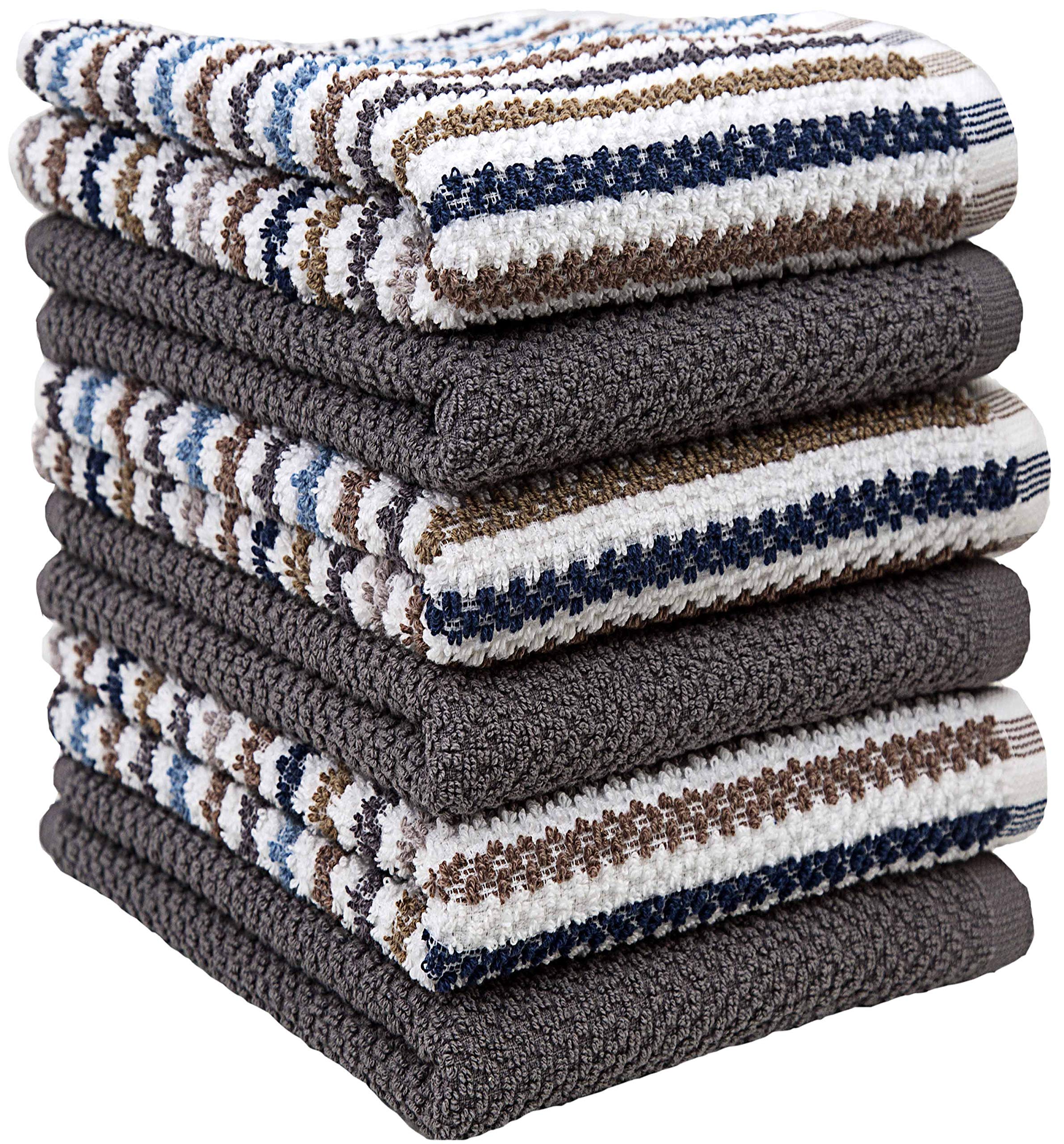 Premium Kitchen Towels (16βx 26β, 6 Pack) | Large Cotton Kitchen Hand Towels | Popcorn Striped Design | Dish Towels | 430 GSM Highly Absorbent Tea Towels Set with Hanging Loop | Gray