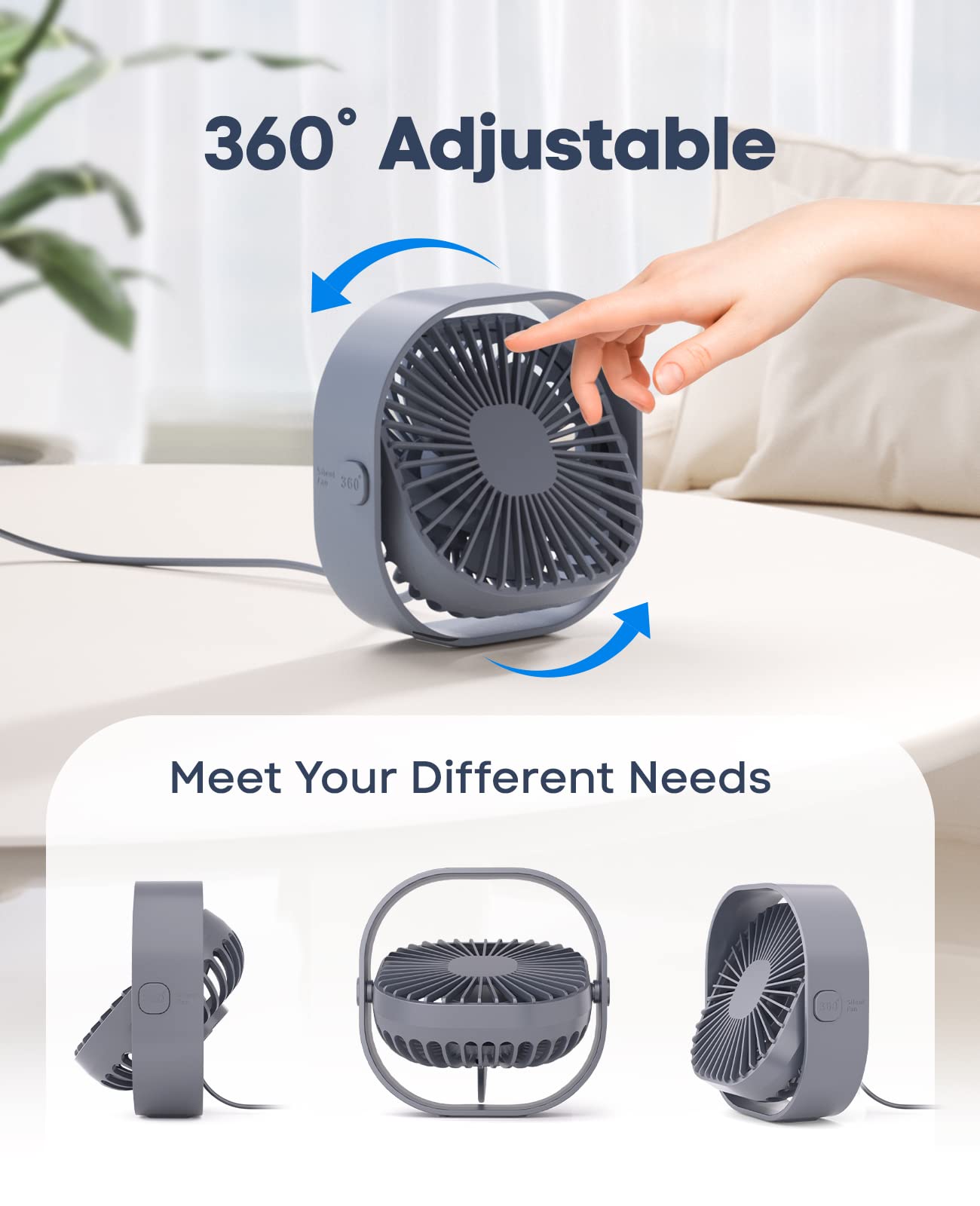 Smilfree Mini USB Desk Fan, 3 Speeds Portable Small Fan, 360° Adjustable Rotation Silent Desktop Fan for Home Office Makeup Personal Fan with Travel