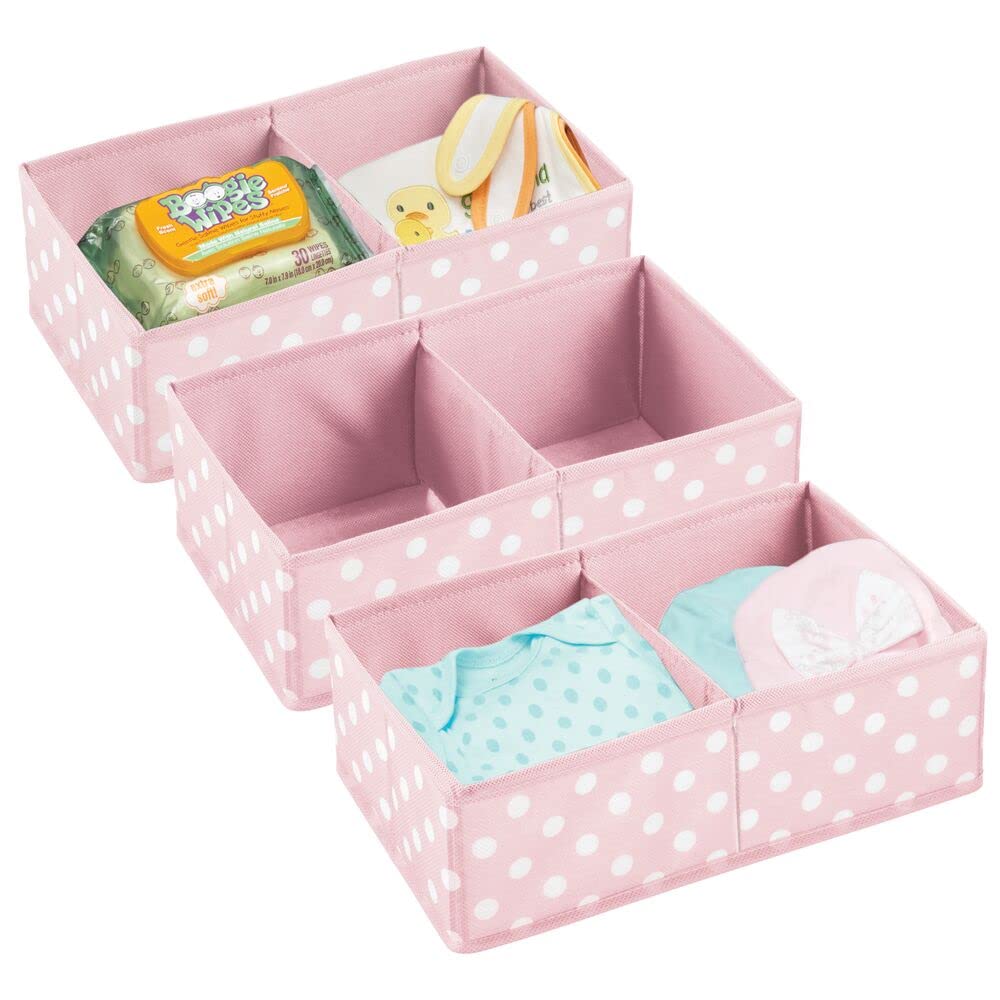 mDesign Soft Fabric 2 Section Polka Dot Dresser Drawer and Closet Storage Organizer for Child/Kids Room, Nursery, Playroom - Divided Organizer Bin - Textured Print, 3 Pack - Pink/White