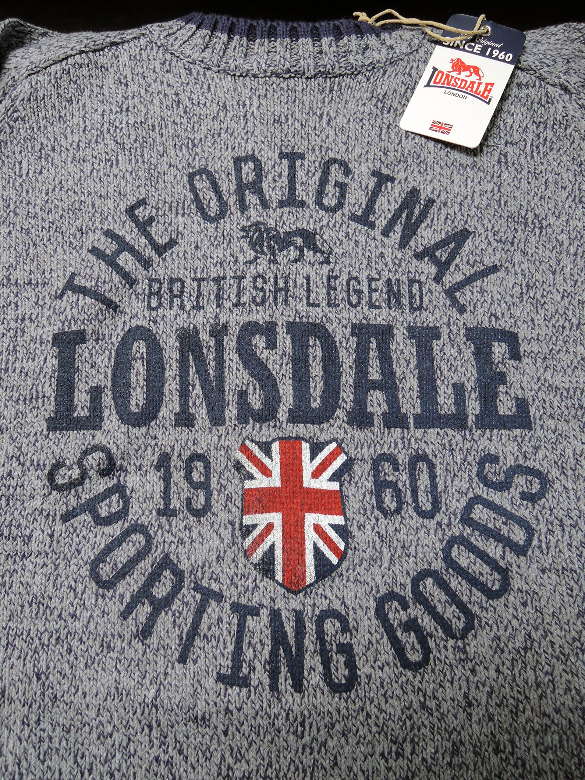 Lonsdale Men´s Regular-Fit Knitted Sweater Pullover Grey with Blue (XX-Large (2XL))