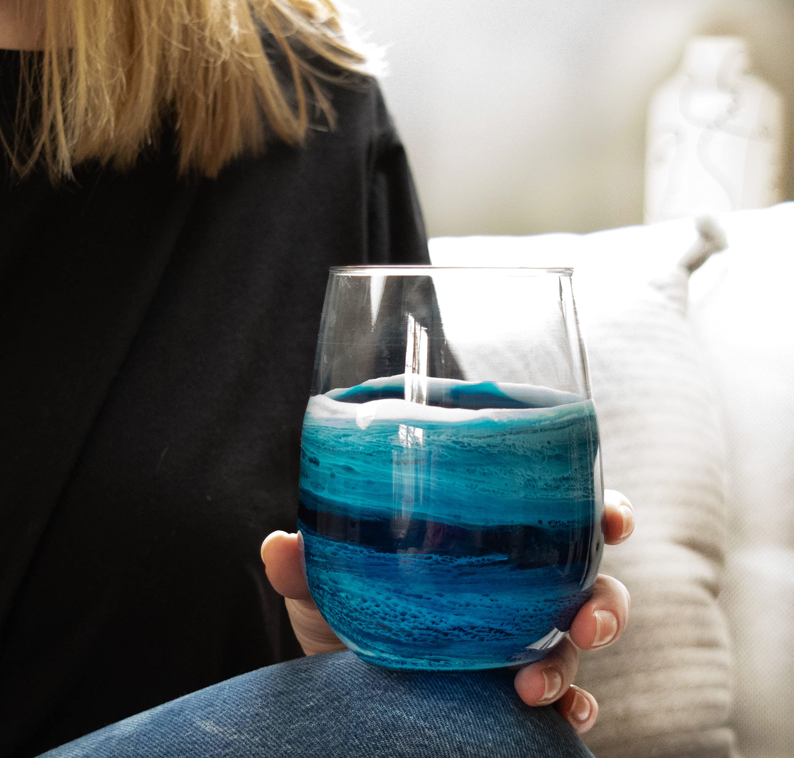 Schafer Art Studio - Handmade Beach Themed Wine Glass, Stemless White Wine 17 ounce, Painted Resin Large Wine Glass