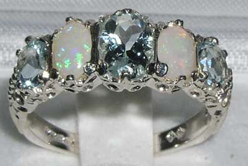 LetsBuyGold 925 Sterling Silver Real Genuine Aquamarine and Opal Womens Promise Ring - Size 9