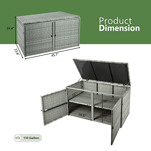 Outdoor 110 Gallon Rattan Deck Box, Wicker Patio Storage Cabinet Waterproof Storage Double Openable Door Cabinet Rattan Storage Deck Box with Lid and Separate Storage Shelf for Garden, Patio, Porch, Yard, can Store Cushions, Tools, Toys,Gray