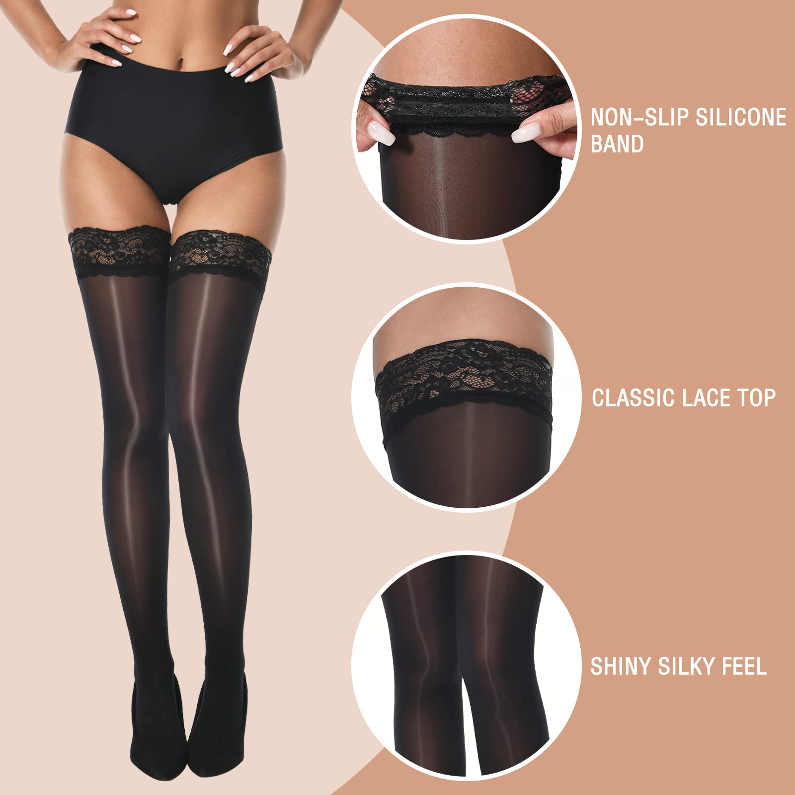 MANZI Shiny Thigh High Stockings Sexy Lace Top Stay Up Silky Sheer Stocking Shimmery Tights for Women 2 Pairs Pack(Black,S-M)