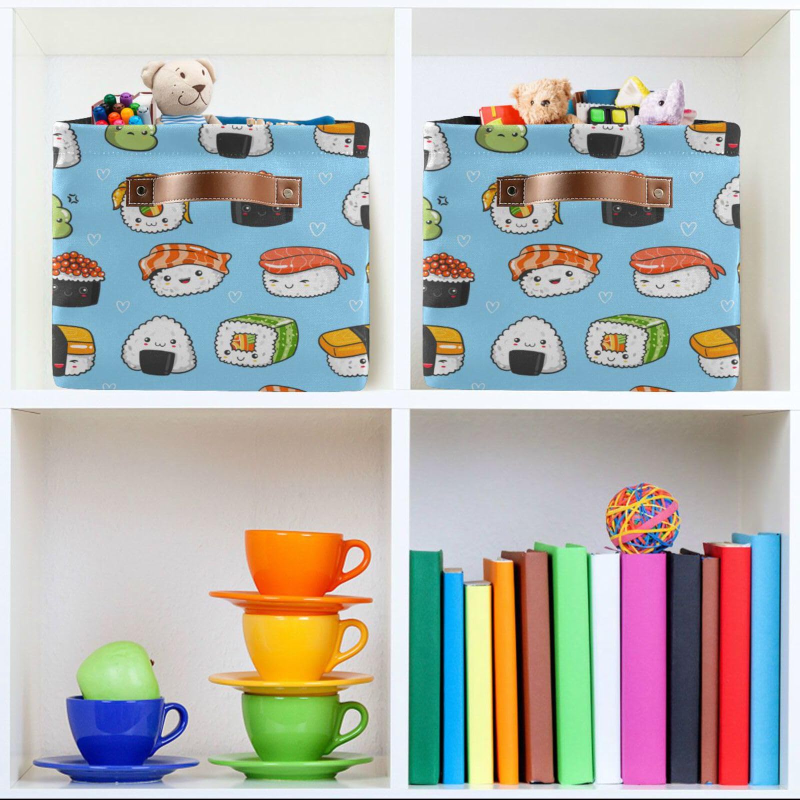 YEGAME Storage Basket Sushi Rectangular Collapsible Canvas Shelves Storage Bins with Leather Handles for Shelves Home Closet Bedroom Living Room, 1Pack