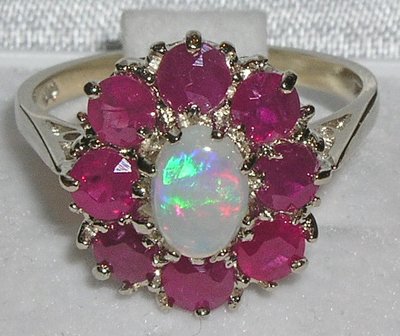 LetsBuyGold 925 Sterling Silver Real Genuine Opal and Ruby Womens Cluster Engagement Ring - Size 6