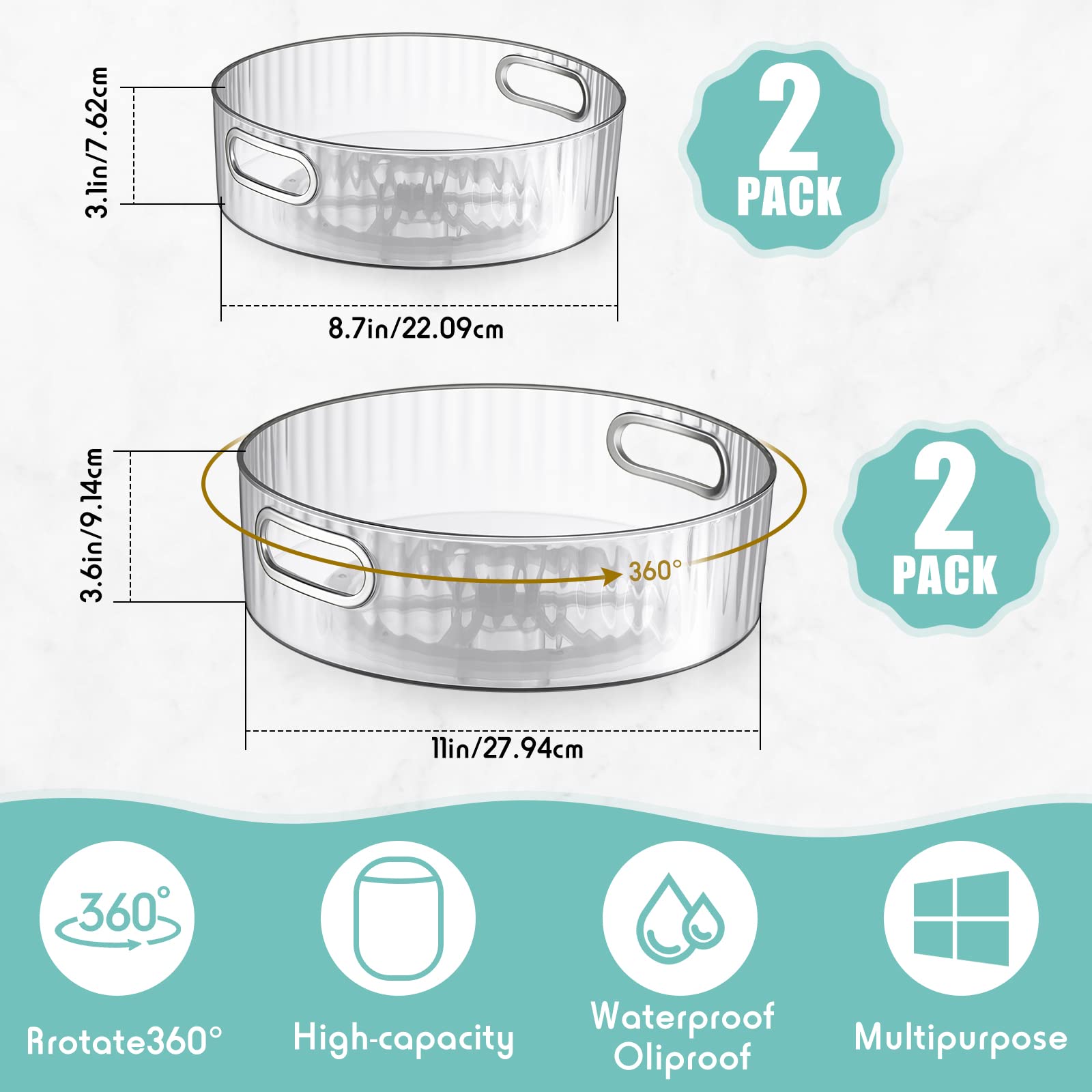 Norme 4 Pack Lazy Susan Organizer 8.7 Inch, 11 Inch Turntable Plastic Spinner Organizer Pantry with Handles Spice Rack Rotating Condiment for Cabinet Kitchen Refrigerator Jewelry Storage (White)
