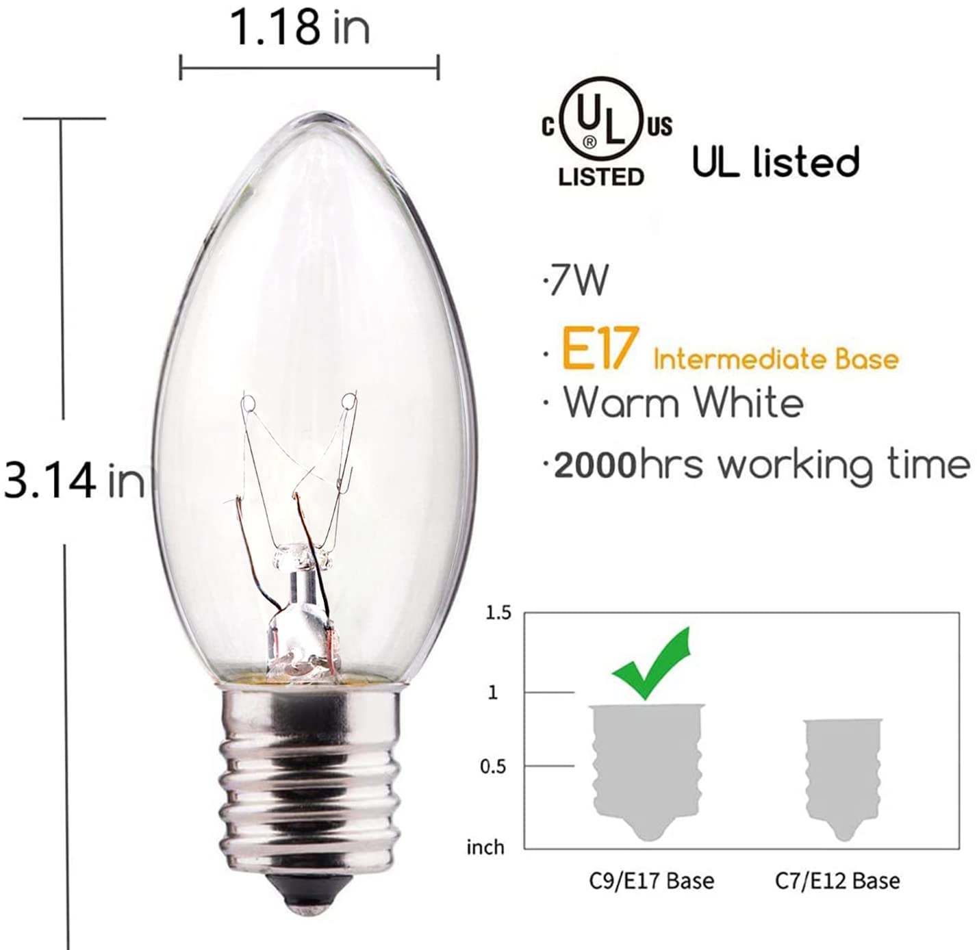 Pallerina 25 Pack C9 Clear Incandescent Bulbs, C9 Christmas Light Bulbs Replacement Light Bulb, 7 Watt Night Light Bulbs C9/E17 Intermediate Base, Candle Light Bulbs