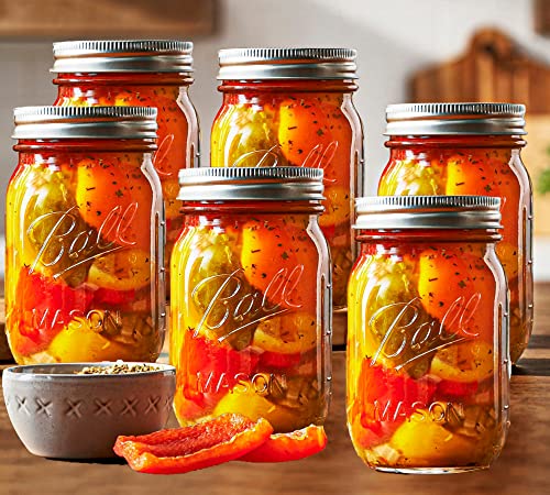 Regular Mouth Mason Jars 16 oz - (6 Pack) - Ball Regular Mouth Pint 16-Ounces Mason Jars With Airtight lids and Bands - For Canning, Fermenting, Pickling, Freezing, Storage + M.E.M Rubber Jar Opener