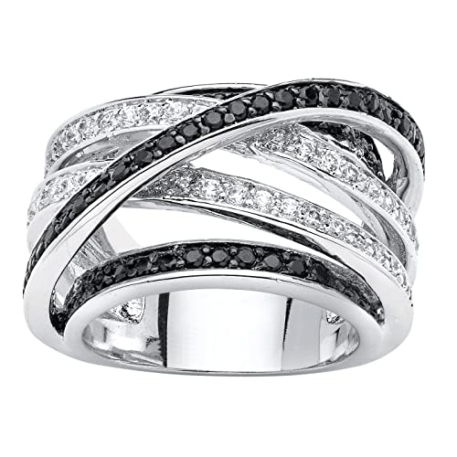 Palm Beach Jewelry Silvertone Round Black and White Cubic Zirconia Simulated Crossover Ring Sizes 6-10 Size 6