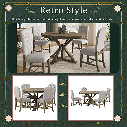 Woanke 5 Piece Functional Furniture Retro Style Set with Extendable Table and 4 Upholstered Chairs for Dining Living Room, Natural Wood Wash