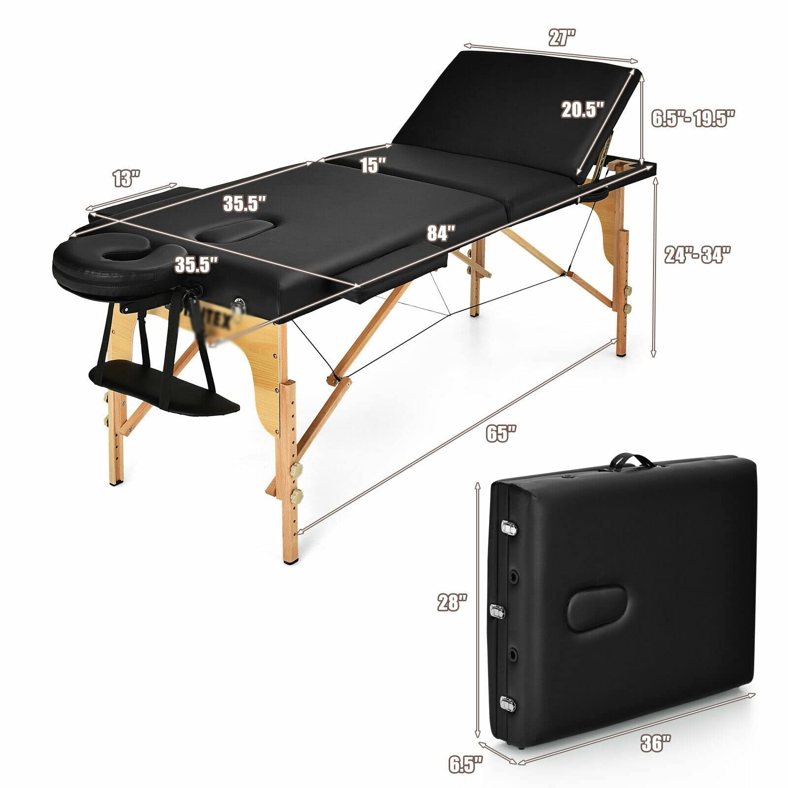 ZHYH Portable Massage Table 3 Fold 84" L Adjustable Spa Bed with/Carry Case Black Hand Pallet