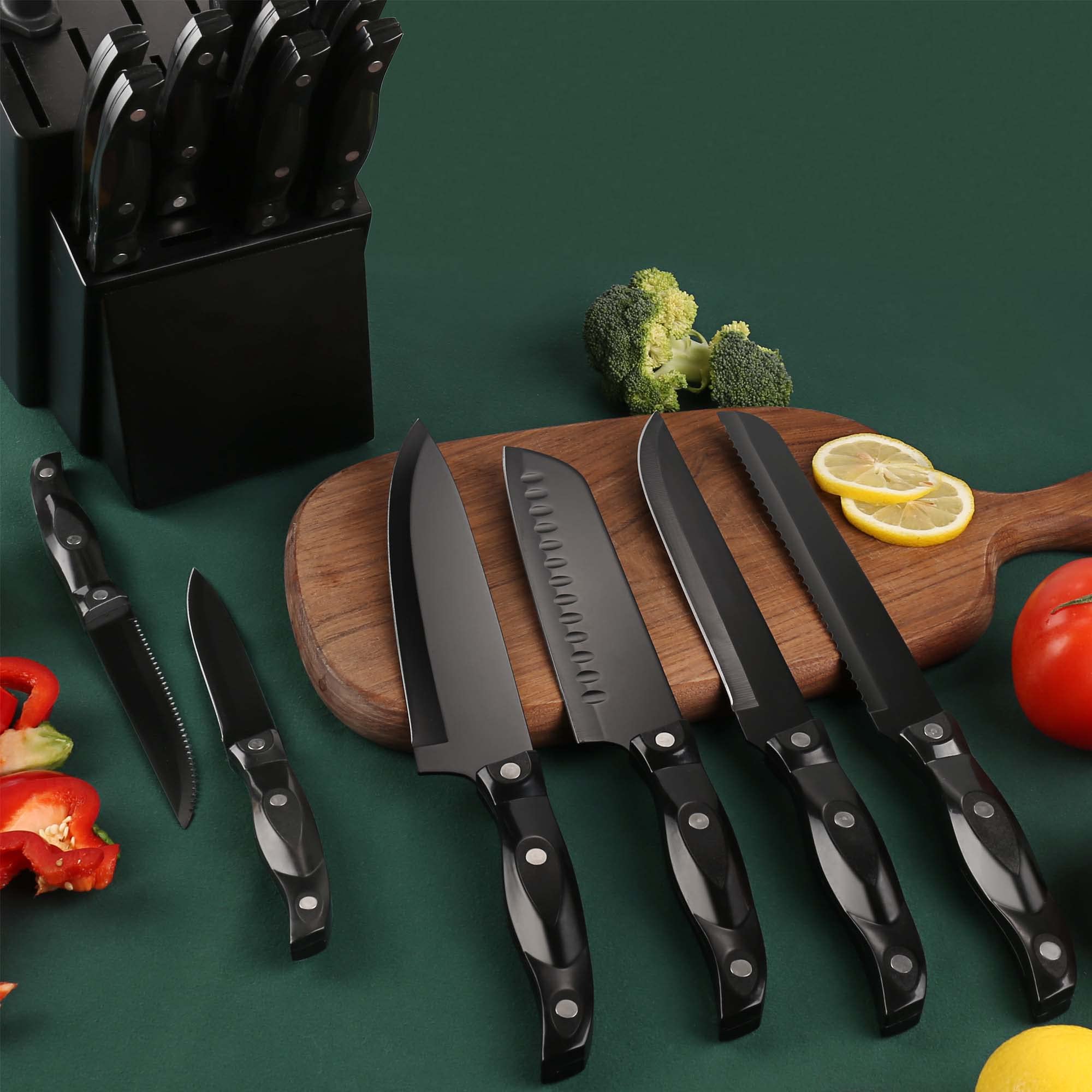 Knife Set,19 Pieces Kitchen Knife Set with Wooden Block,High Carbon Stainless Steel Knife Block Set,Ultra Sharp, Full-Tang Design with Black Coating