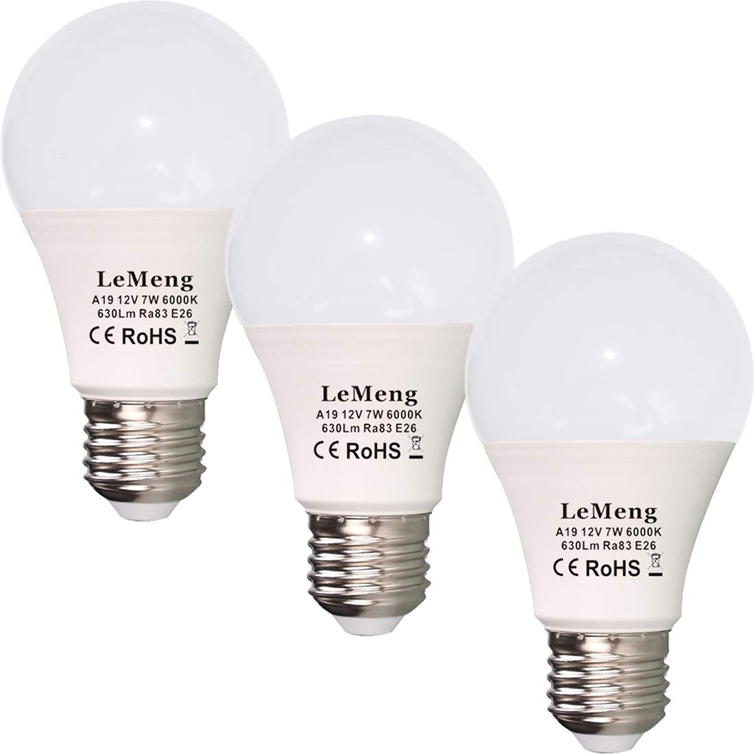 LeMeng 12V LED Light Bulb 7W AC/DC 12volt Low Voltage 60Watt A19 Bulbs Equivalent E26 Base- Landscape RV 12 Volt Battery Power System Off Grid Solar Lighting, 6000K Cool Daylight White, Pack of 3