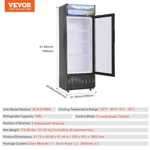 VEVOR Commercial Merchandiser Refrigerator, 6.8 Cu.Ft / 195L Beverage Refrigerator Cooler Merchandiser, Glass Door Display Refrigerator Upright Fridge with 3 Adjustable Shelves, Customizable Lightbox