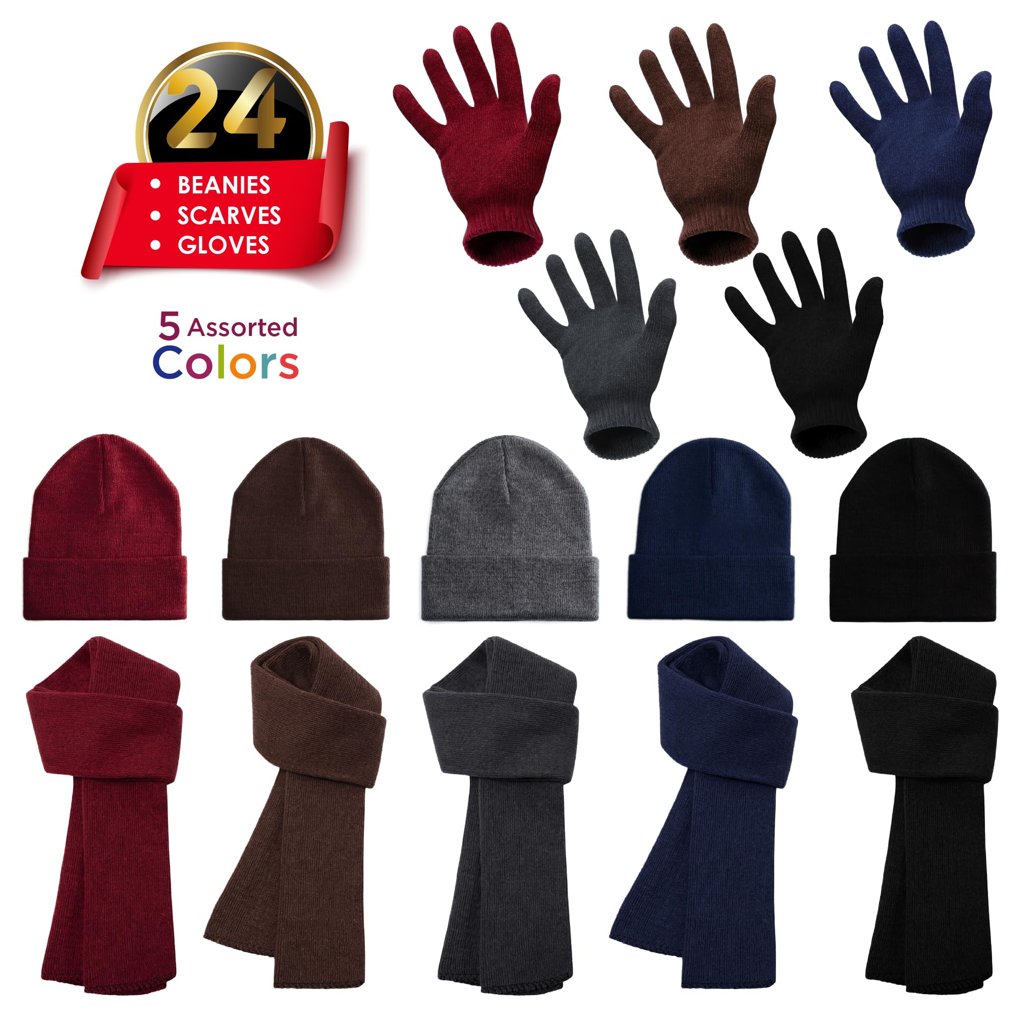 Moda West 72-Pack Gloves, Scarves, and Beanies - Wholesale Unisex Winter Accessories - Bulk 24 Glove Pairs, 24 Scarves, 24 Beanies