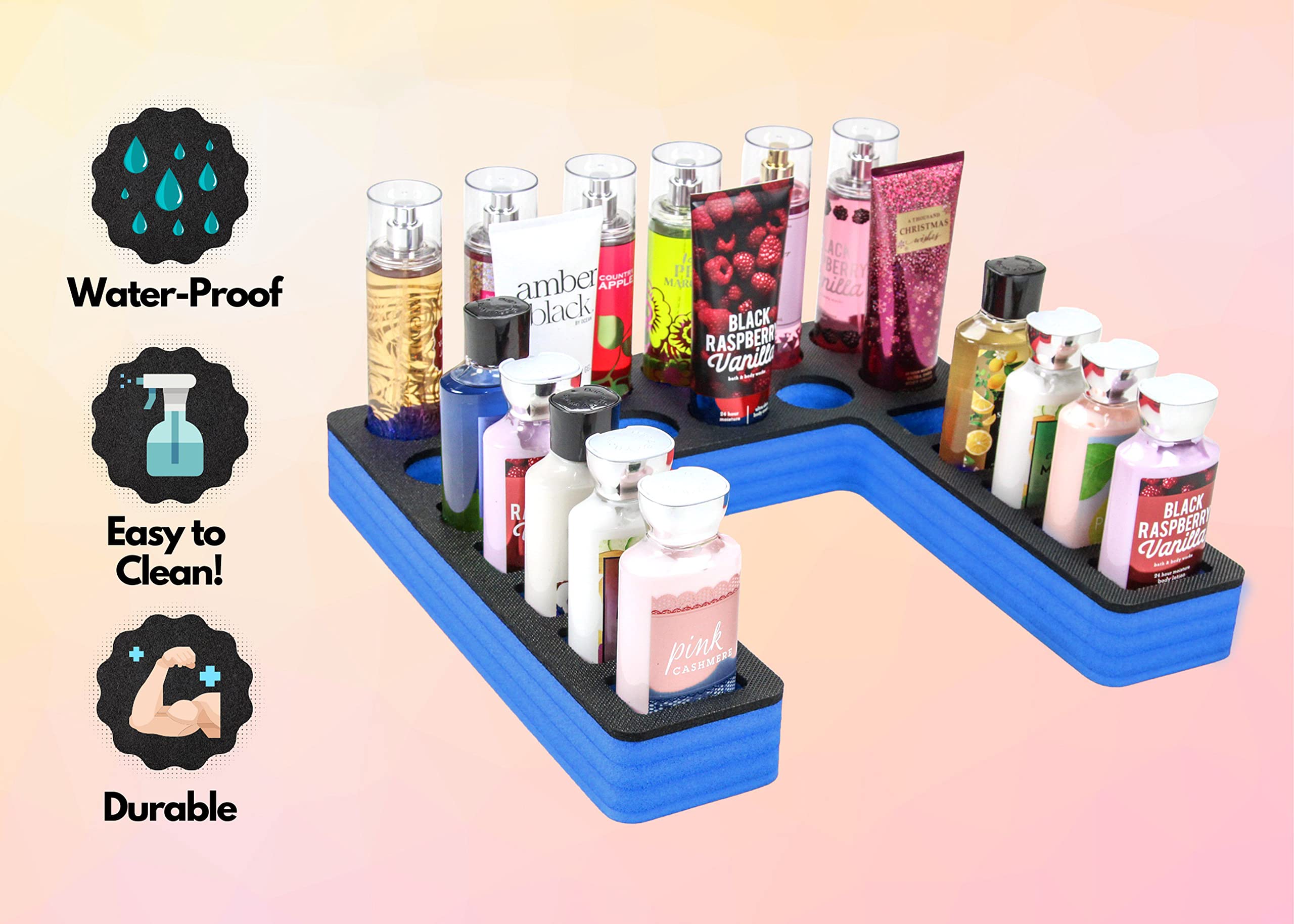 Polar Whale Lotion and Body Spray Stand Organizer Tray Blue and Black Durable Foam Washable Waterproof Insert for Home Bathroom Bedroom Office 16.25 x 16.25 x 2 Inches 22 Slots