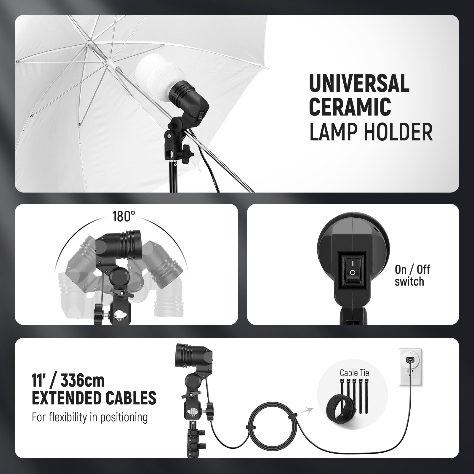 NEEWER 600W Photography Lighting Kit, Incandescent Equivalent Studio Kit with (2)White Umbrella, (2)Black Umbrella, (3)24W LED Bulb, (3)Light Stand, (2)Bag, (5)Cable Tie, (3)E26 Socket Base, NK500