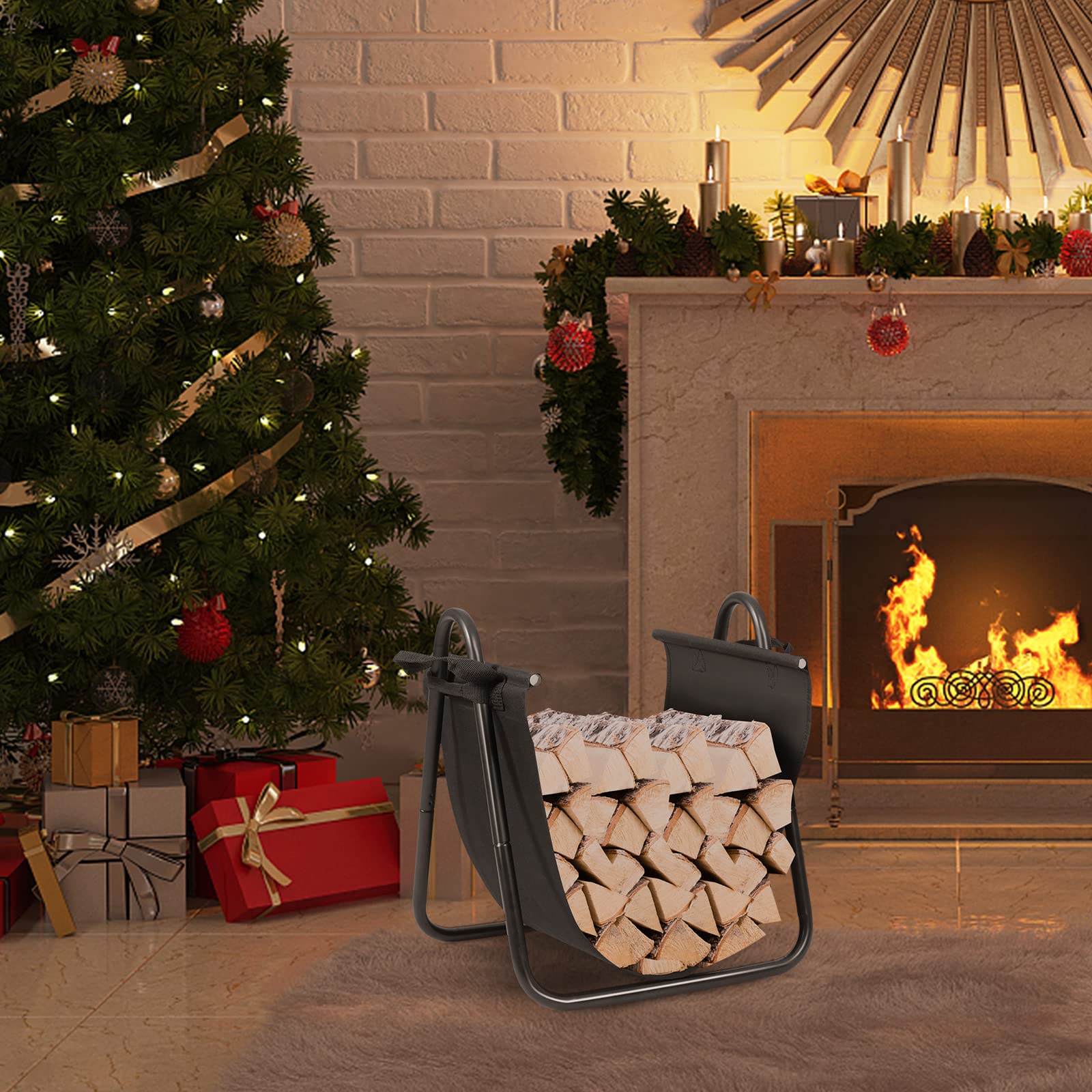 Tangkula Firewood Rack Holder with Canvas Carrier, Firewood Logs Stacker Basket for Indoor or Outdoor Use, Storage Stacker with Heavy-Duty Metal Frame, Kindling Wood Stove Accessories w/Handle