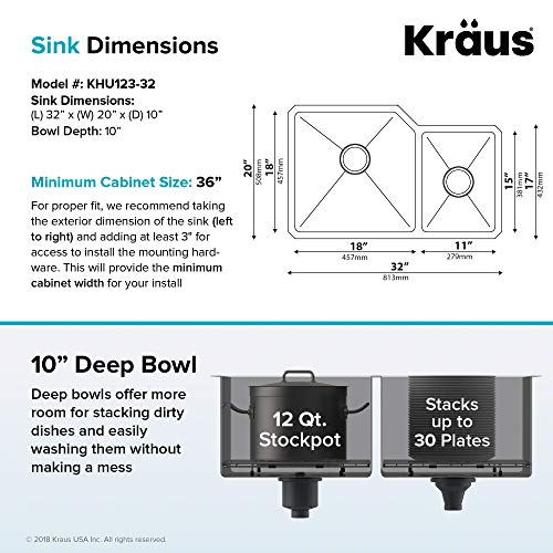KRAUS Standart PRO 32-inch 16 Gauge Undermount 60/40 Double Bowl Stainless Steel Kitchen Sink, KHU123-32