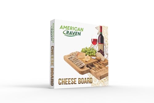 Organic Bamboo Cheese Charcuterie Cutting Board with Cutlery & Knife Set, Includes 4 Stainless Steel Serving Utensils, Wooden Serving Tray for Meat Platter, Fruit & Crackers