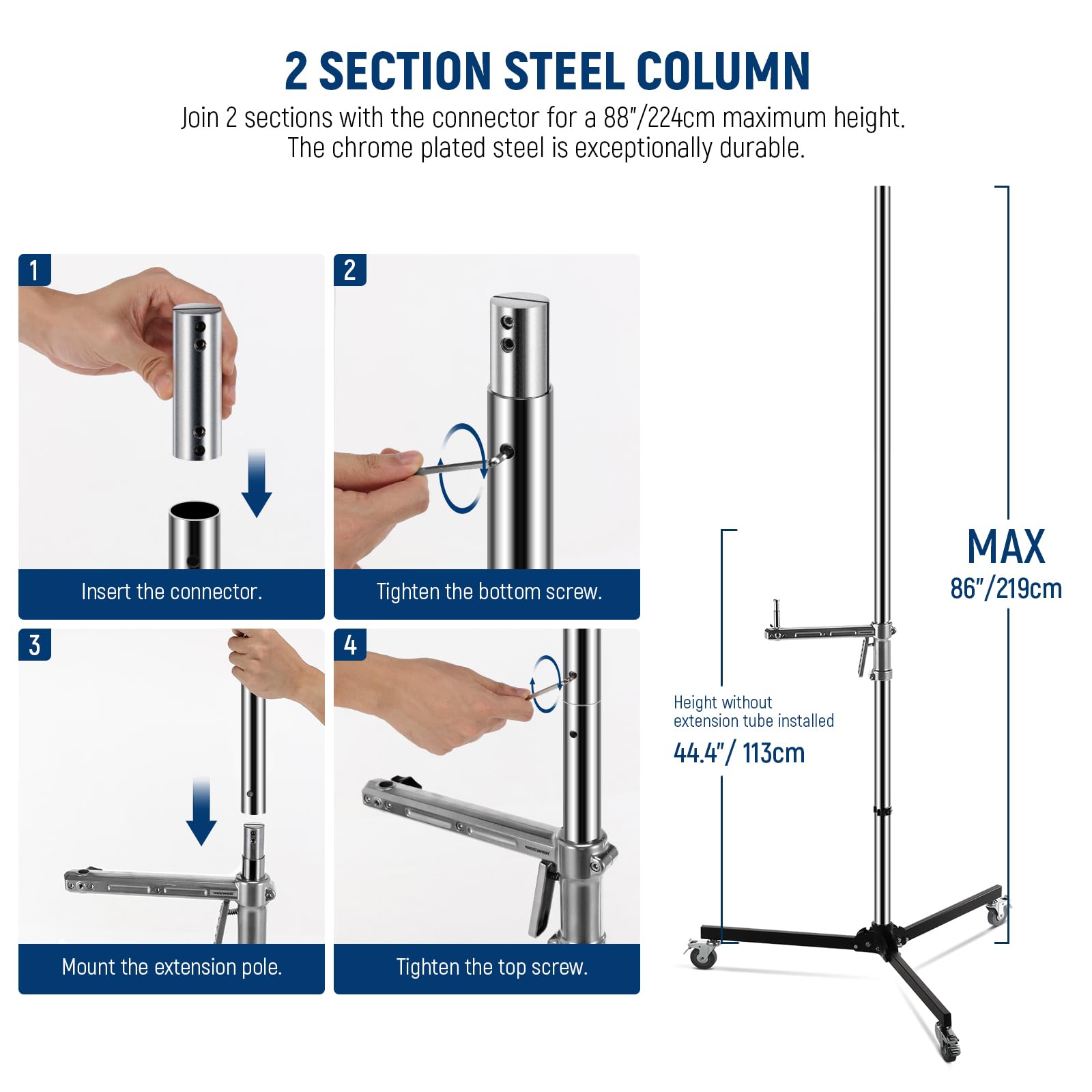 NEEWER 88"/224cm Light Stand Stainless Steel Heavy Duty with Pistol Grip, Sliding Arm, Detachable Caster, Folding Leg, 1/4" 5/8" Spigot, Photography Flash/Ring Light Stand, Max Load 22lb/10kg, ST003