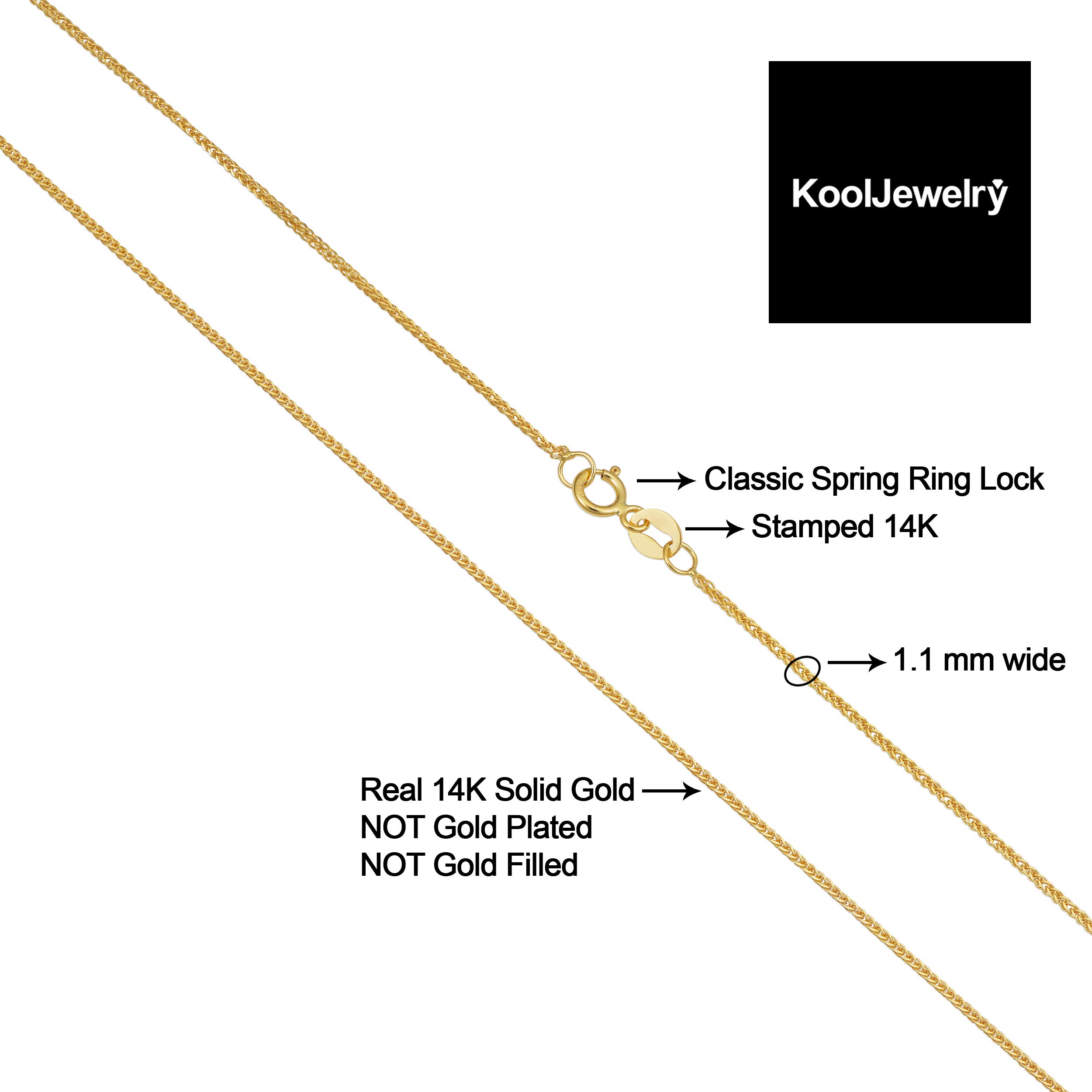 Kooljewelry 14k Yellow Gold Square Wheat Chain Necklace (1.1 mm, 16 inch)