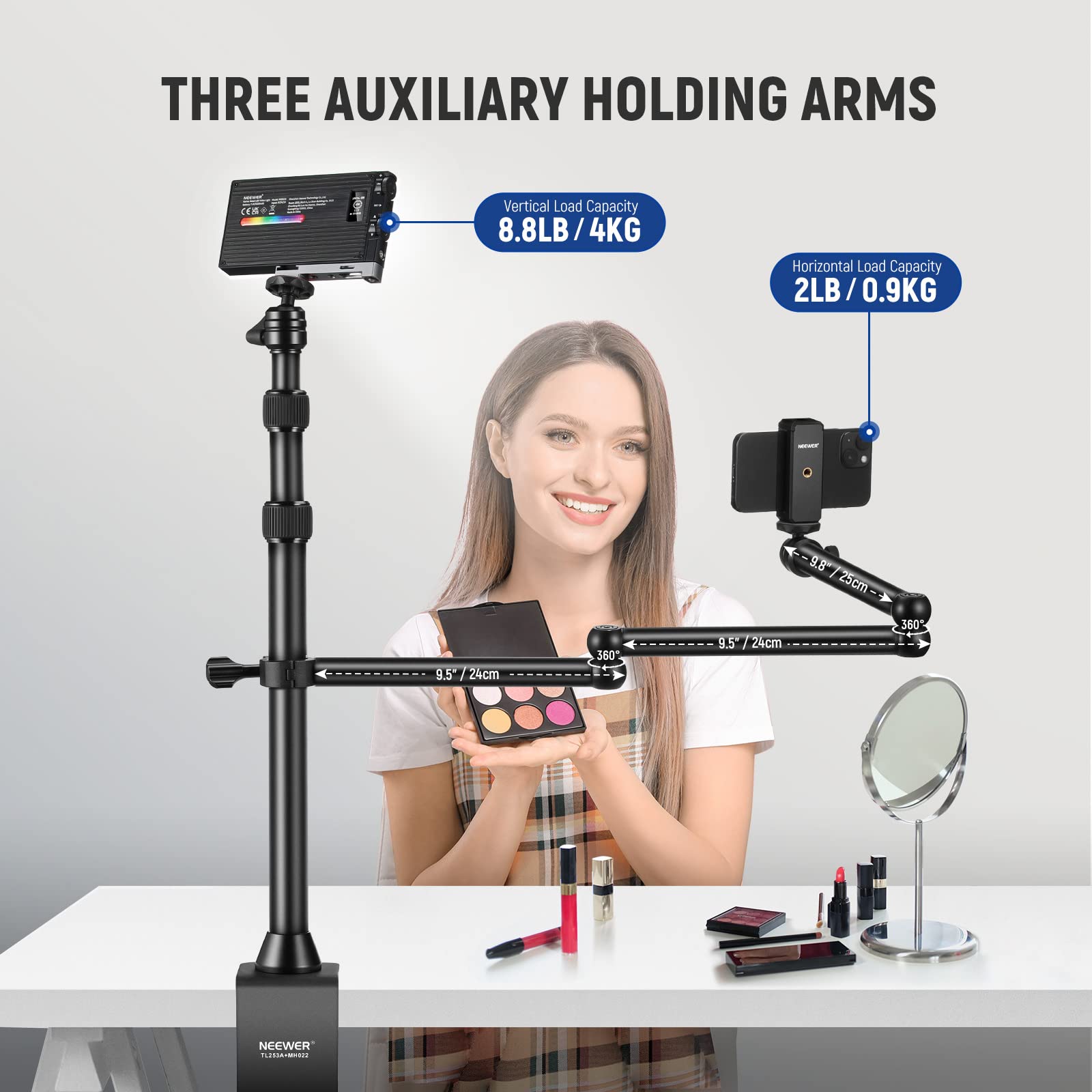 NEEWER Upgraded Tabletop Camera Mount Stand with 3 Section Flexible Arm, Overhead Height Adjustable Stand Mount with Phone Holder, Ball Head for DSLR Camera, Phone, LED Light, Webcam, TL253A+MH022