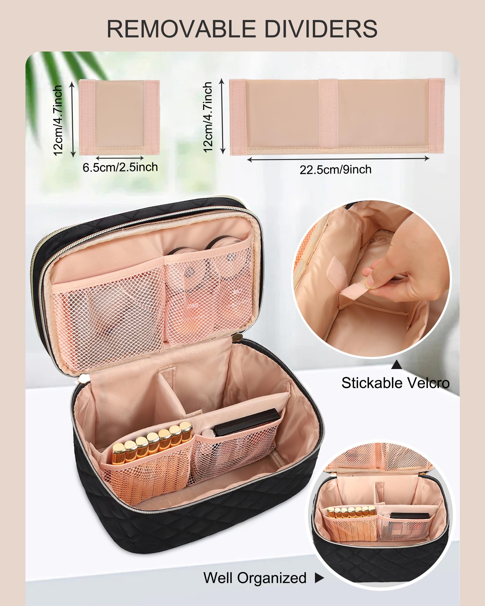 Travel Makeup Bag Organizer, Large Make Up Bag for Women, Double Layer Cosmetic Bag with Removable Dividers, Portable Makeup Case Storage, Black