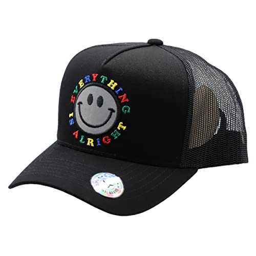 MU:KA: Smile Face Embroidery Trucker Hat Streetwear Vintage 5-Panel Trucker Hat Mesh Back Cap Snapback Graphic Hat (Black)