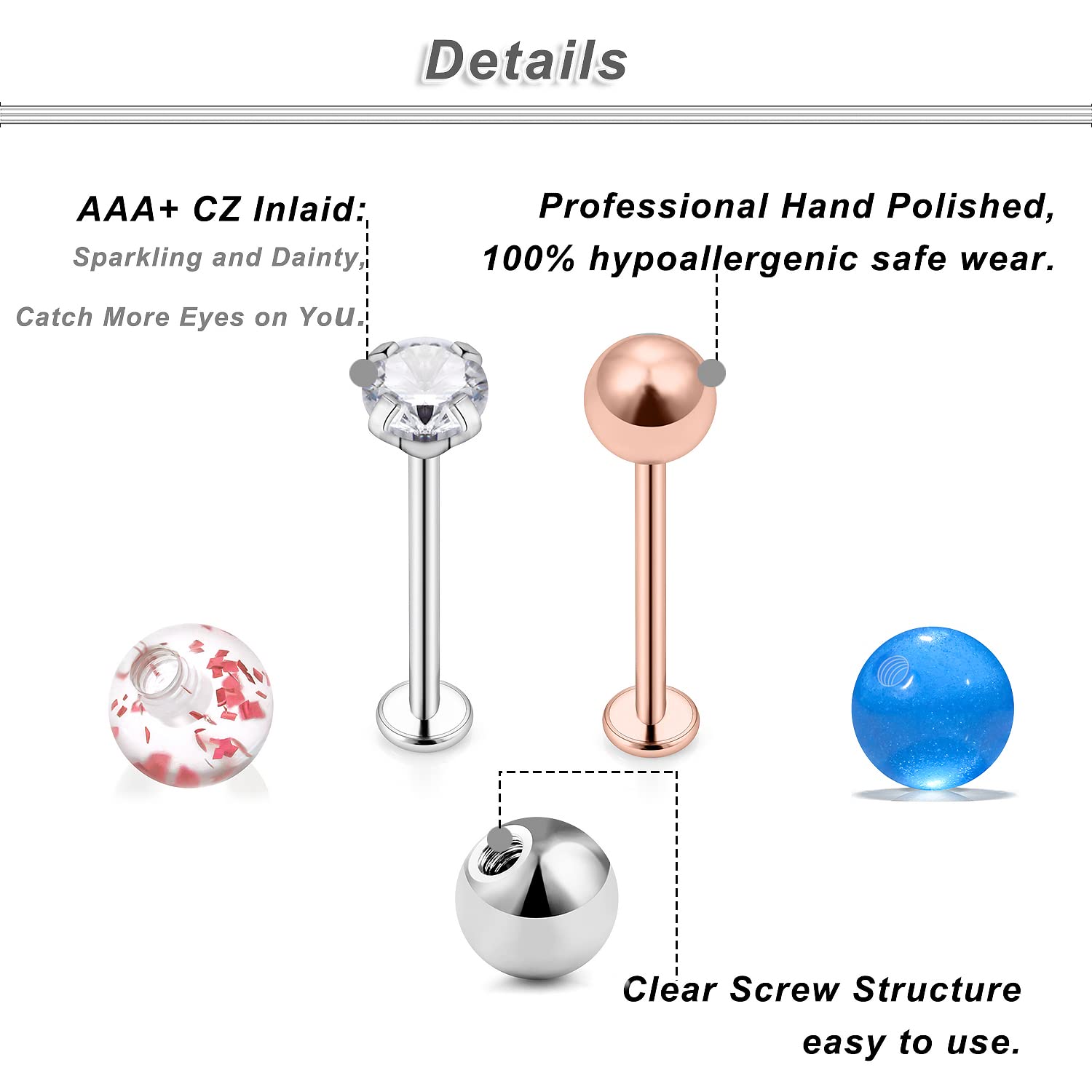 Ocptiy 16G Cheek Dimple Ring Piercing Jewelry Flat Back Tongue Ring Extra Long Lip Labert Medusa Monroe Ashley Ring Stud 16 Gauge Plastic Replacement Piercing Ball Jewelry Men Women Silver Black 16mm