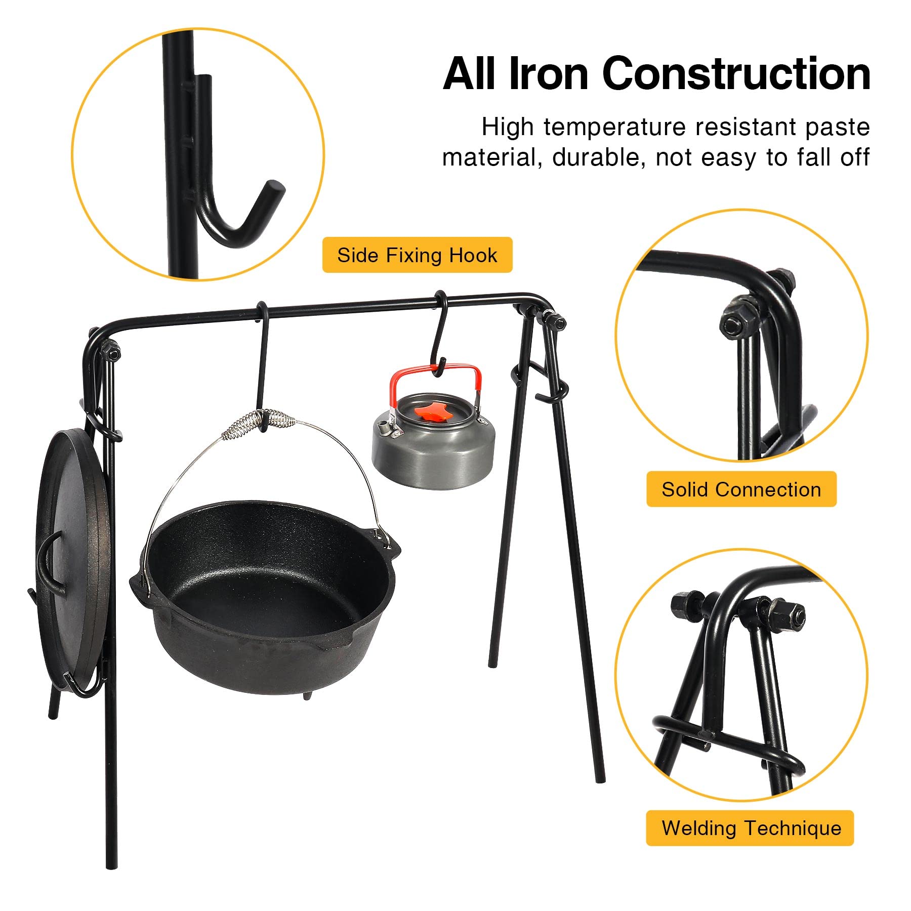 REDCAMP Campfire Cooking Stand, Portable Grill Swing with Hooks and Accessories, Cookware Hanging Rack for Cookware & Dutch Oven,Small