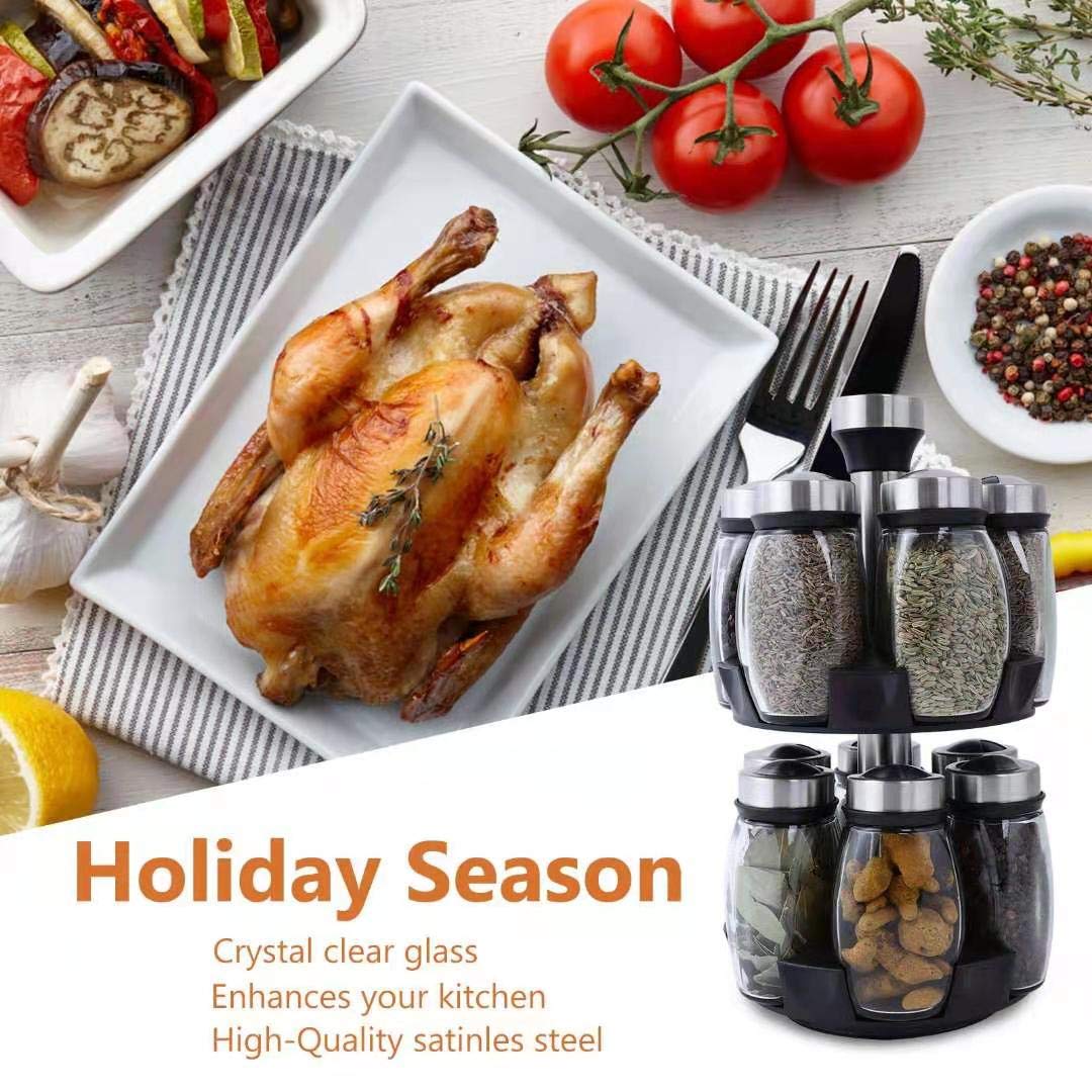 Revolving Spice Rack Organizer Storage for kitchen, Spice Stand Holder, Spinning Countertop Herb and Spice Rack Organizer with 12 Glass Jar Bottles Set