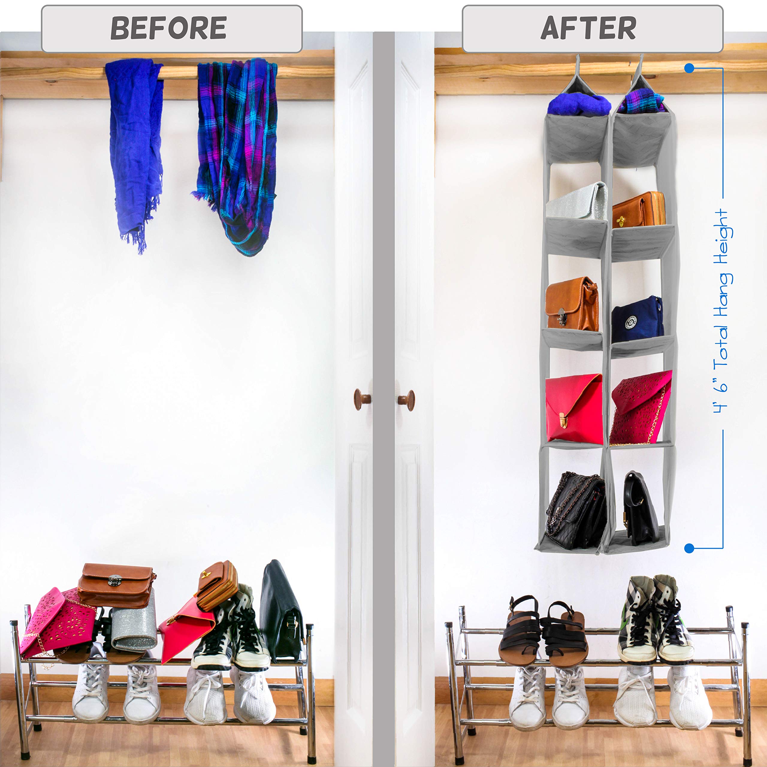 MIGHTY TIDY HOME New and Improved XL Size Hanging Handbag Purse Organizer for Closet | 2 Pack, 10 Shelves Total | Space Saving Hand Bag Storage Holder for Wardrobe Closet (Neutral Tone)