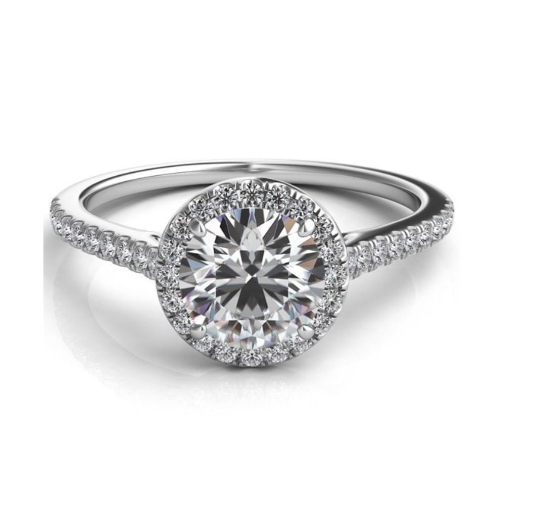 LEMON GRASS 1.22 Ct Round Halo Diamond Engagement Ring with Pave Band in Sterling Silver Clear Cubic Zirconia Stone Size 8