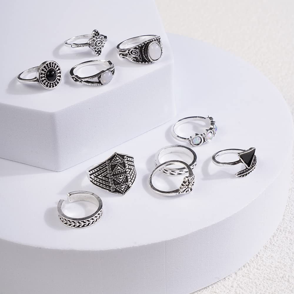 Octwine 10cs Silver Bohemian Statement Knuckle Rings Black Carved Stackable Rings Stacking White Crystals Ring Jewelry for Women and Girls