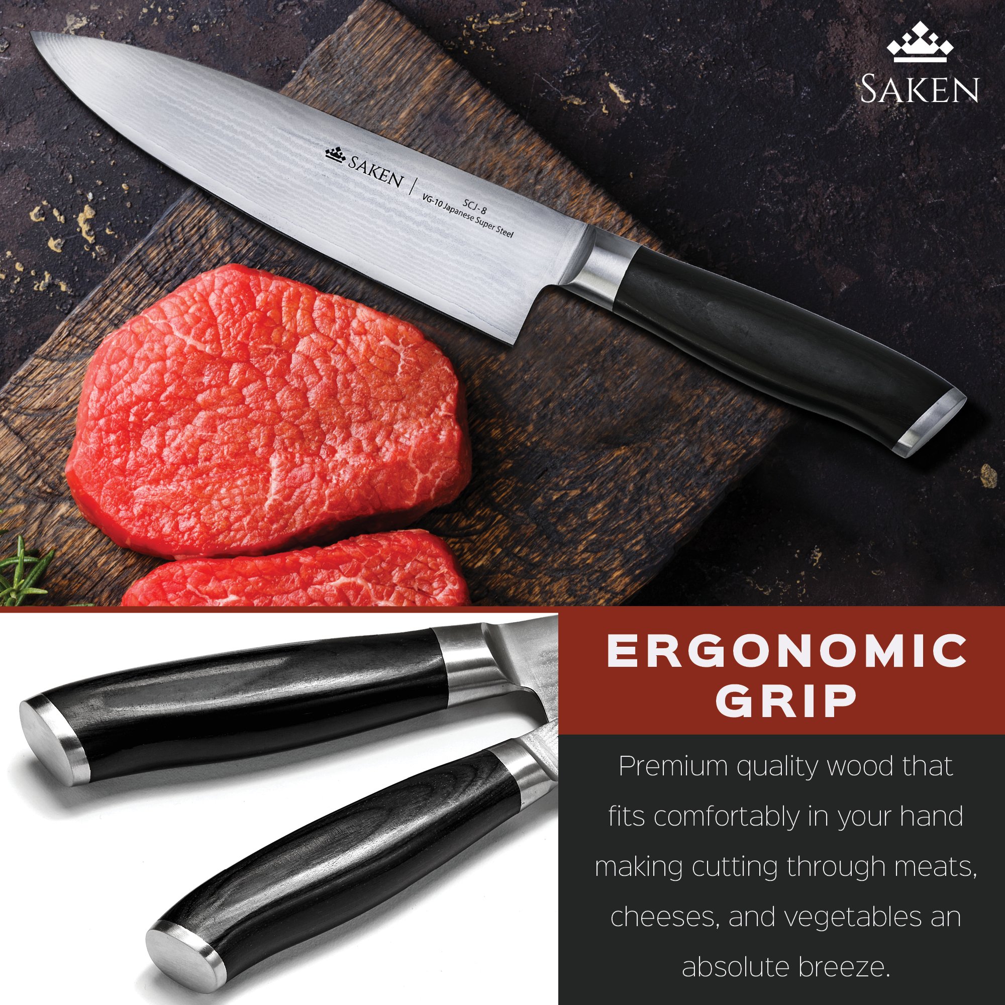 Saken Razor Sharp Damascus Steel 8” Chef Knife Set with 3.5" Paring Knife – Premium Japanese VG-10-67 Layers Folded Steel Kitchen Knives - Natural Non Stick - by Saken