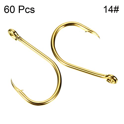 PATIKIL 14# Catfish Hooks, 60 Pack 0.55" Claw Fish Hook Fishing Hook High Carbon Steel J Shaped with Barbs for Freshwater Saltwater, Gold Tone