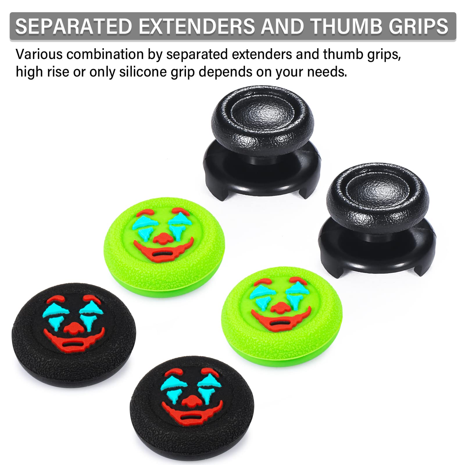 Playrealm FPS Thumbstick Extender & Texture Rubber Silicone Grip Cover 4 Sets for PS5 & PS4 Controller (Joker Green+Black)