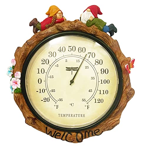 SOBLUING Gnome Weather Thermometer, Resin Couple Gnome Outdoor Indoor Thermometers, No Battery Required Thermometer Welcome Wall Decor for Fence, Garden Yard, Door, Living Room