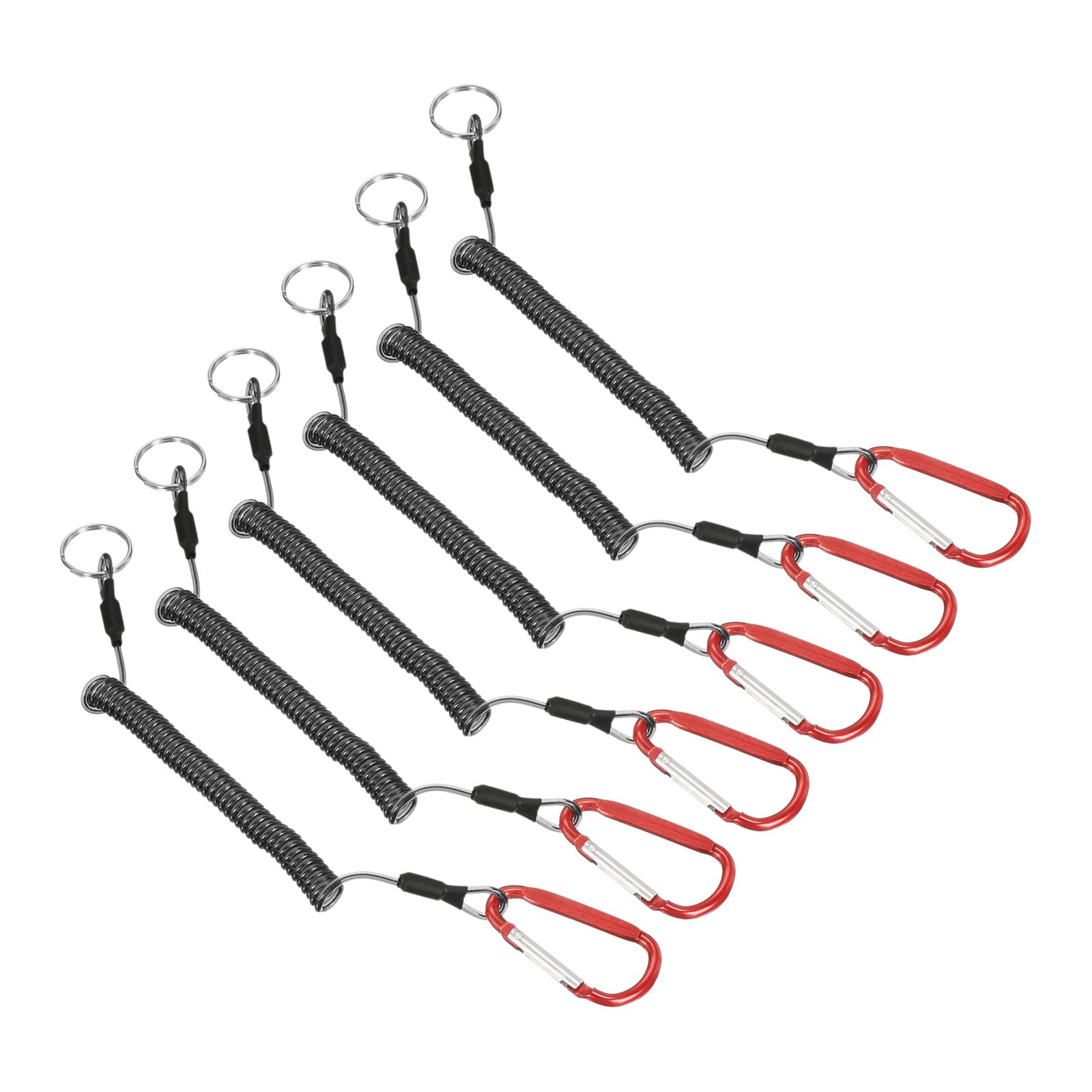 PATIKIL 3.3ft Fishing Tool Lanyard, 6 Pack Safety Cord Spiral Lanyard Tether Retractable with Red Metal Clip Keychain for Boating Kayak, Clear Black