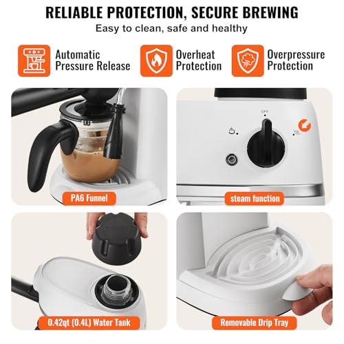 VEVOR Espresso Machine, 3.5 Bar Espresso Maker with Milk Frother Steam Wand, 4-Cup Professional Coffee/Espresso Machine with Temp Gauge for Latte Cappuccino, NTC Control System