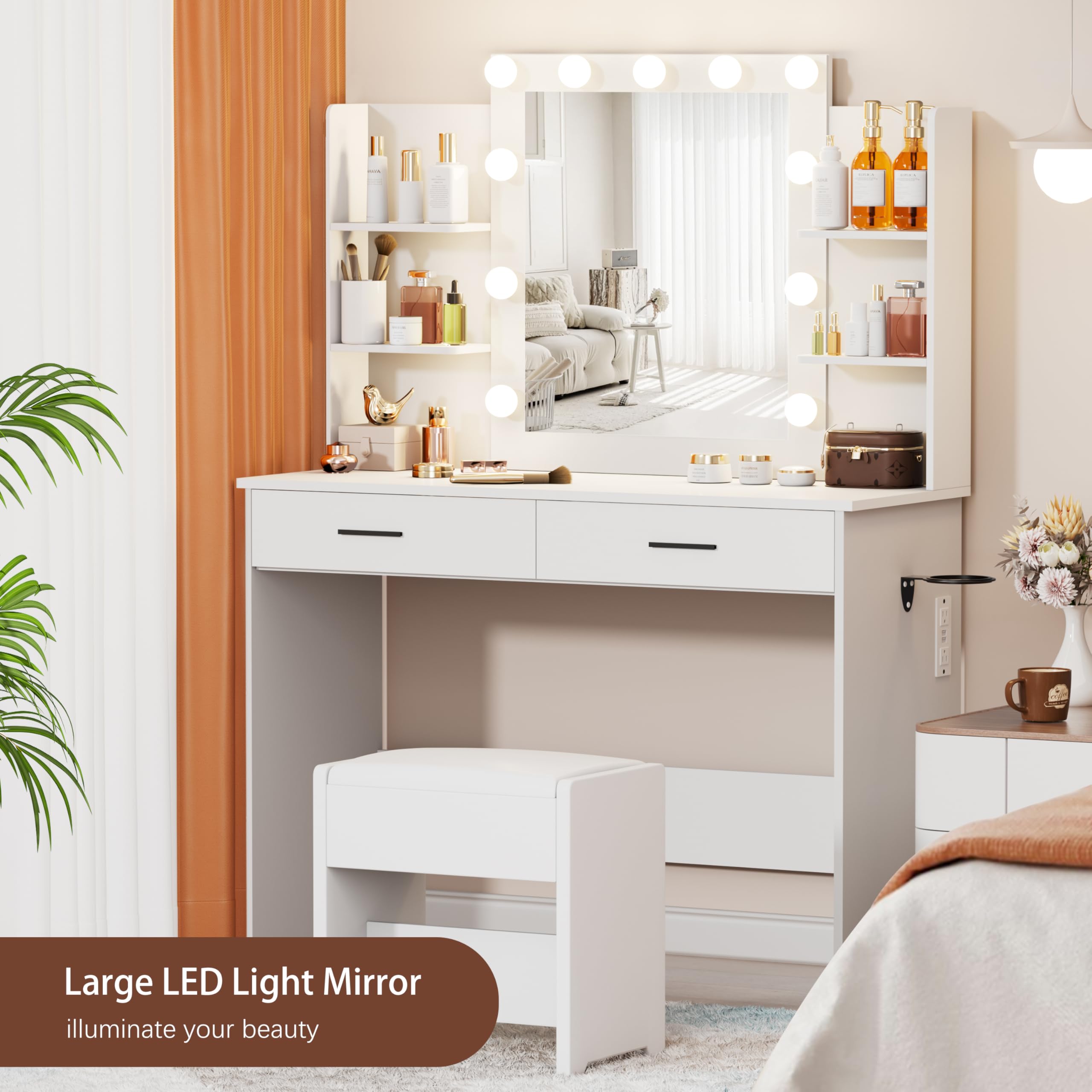YIKEHOME Makeup Vanity Desk with Mirror and Lights, Makeup Table with 2 Large Drawers, 3 Color Modes Adjustable Bulb, Power Outlet and Round Holder, Dressing Table for Women Girls Bedroom