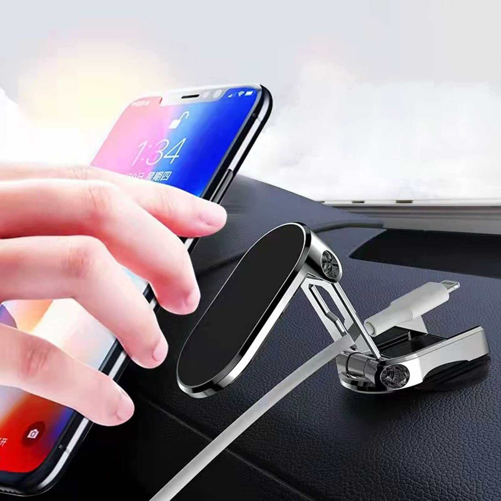 Ylahdent 2023 New Alloy Folding Magnetic Car Phone Holder, 360° Adjustable - 6 Strong Magnet Magnetic Car Phone Mount Dashboard Folding Bracket Universal (Silver)
