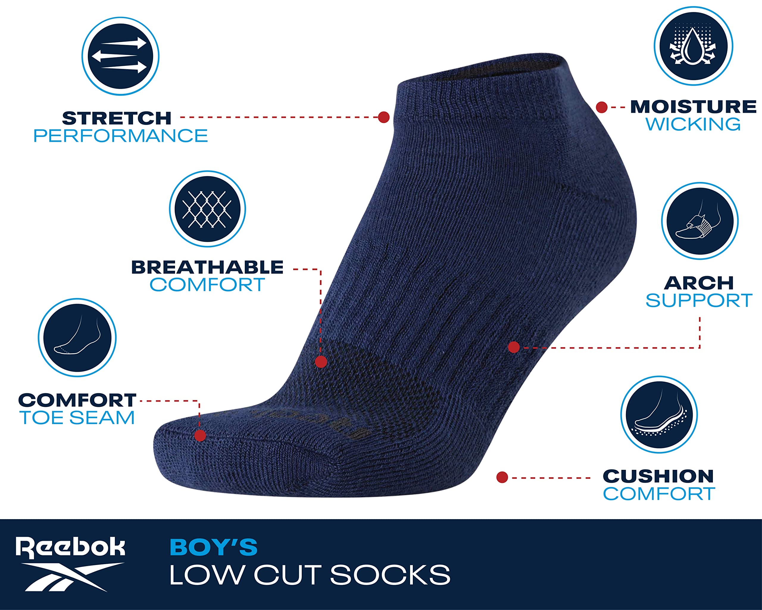 Reebok Boys' Low Cut Socks - 12 Pack Stretch Performance No Show Socks with Arch Support - Cushioned Athletic Socks for Boys, Size Large, Jet Black