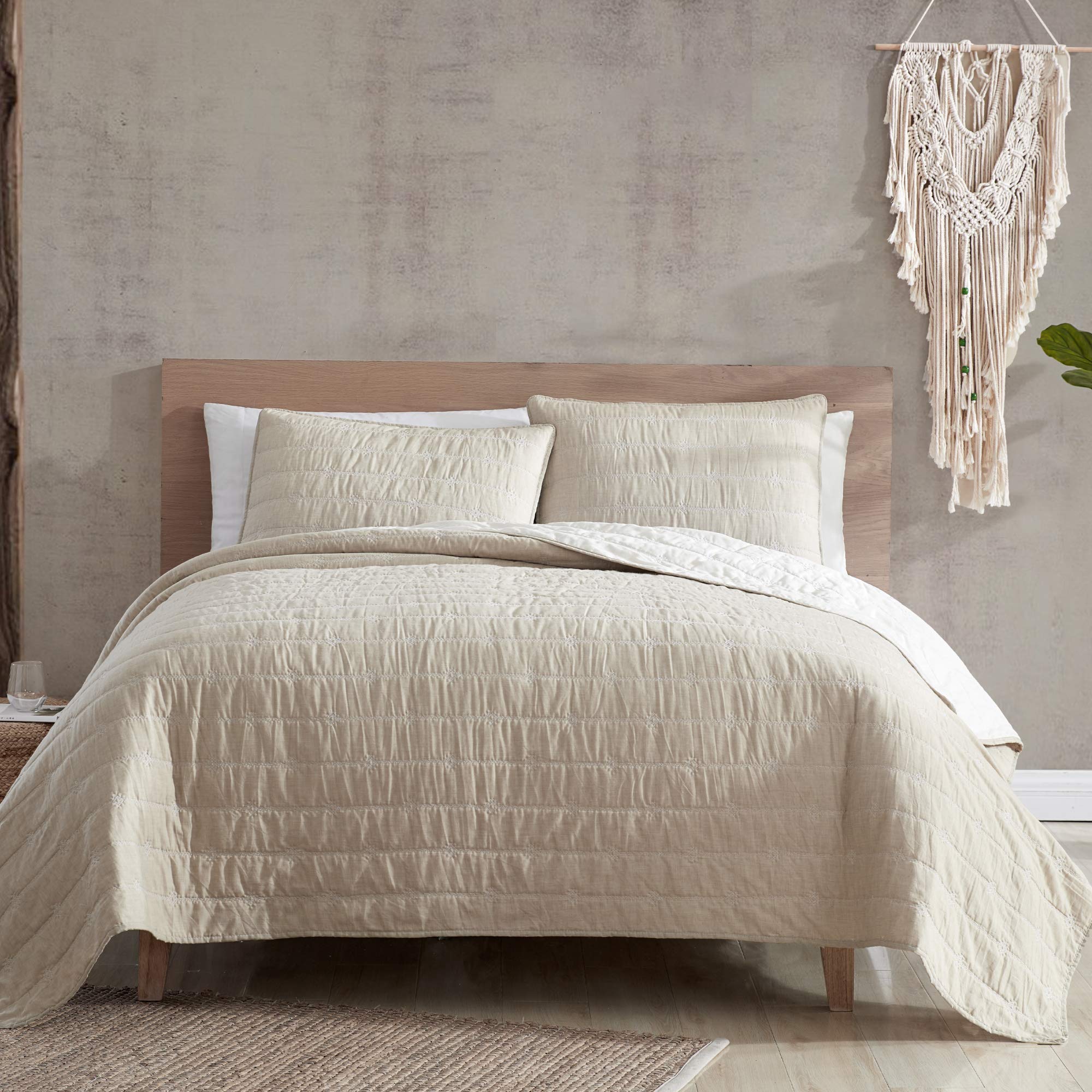 Modern Threads 3-Piece Everly Embroidered Quilted Coverlet Set with Matching Shams, Decorative Pillows Linen/Cream Queen