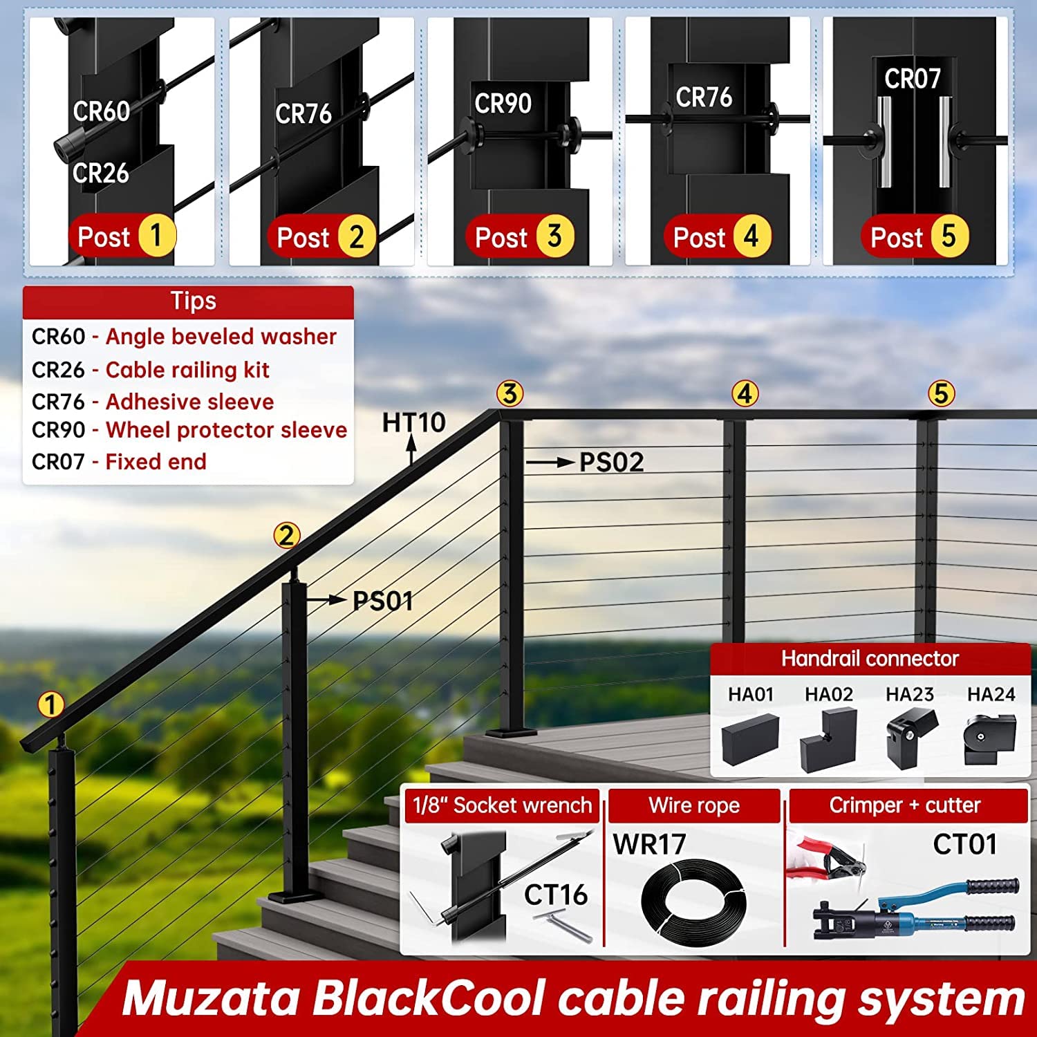 Muzata T-drilled Three Sides Post 36"x2"x2" Adjustable Top Cable Railing Post Top Mount Stainless Steel Black Finish Wood Concrete Level Deck, PS01 B34S