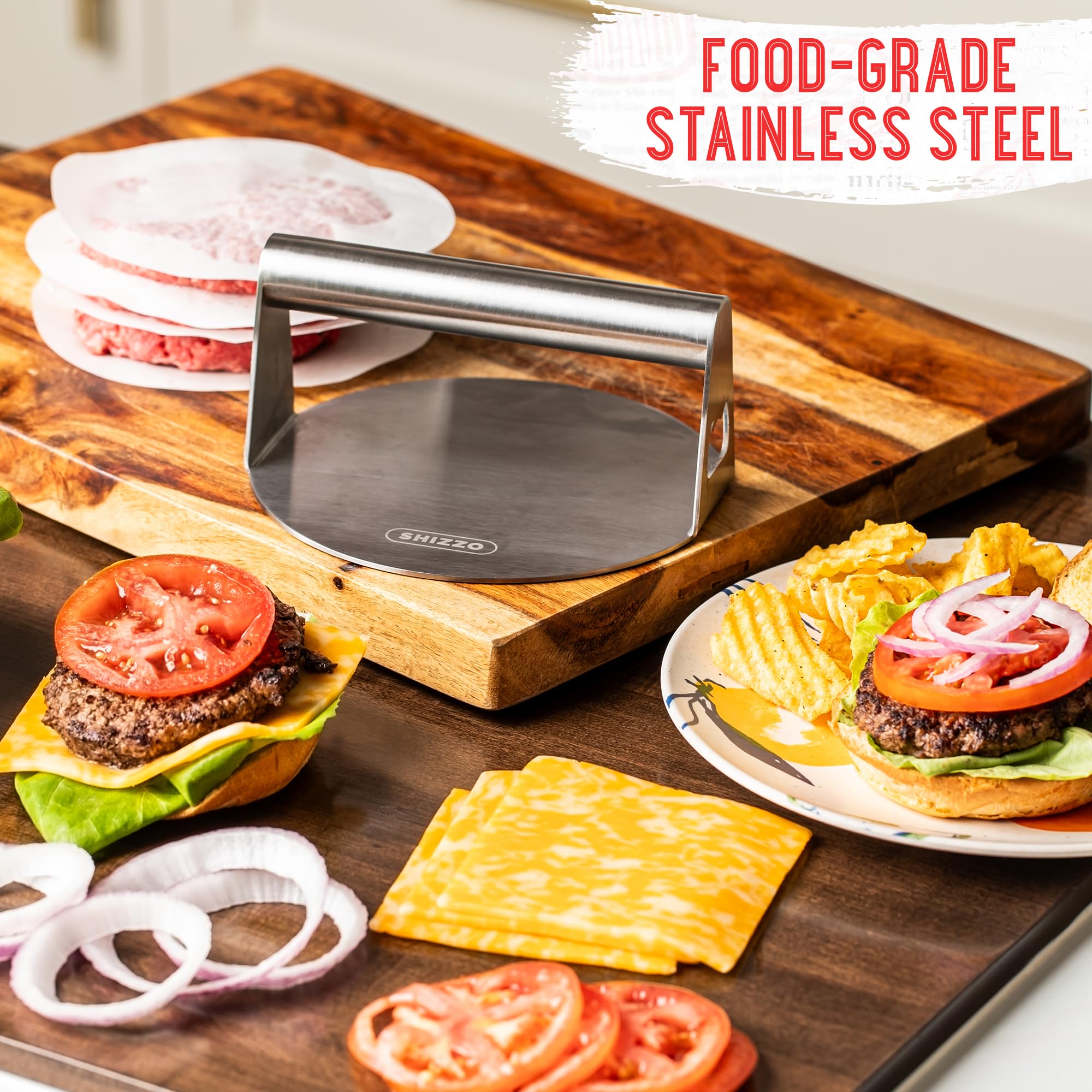 SHIZZO Smash Burger Press Kit, 6.2'' with Bottle Opener, Stainless Steel Bacon Smasher, Griddle Accessories, Perfect for Smash Burgers, Griddle Cooking Tool, for Patty, Bacon, Hamburger, Smashburger