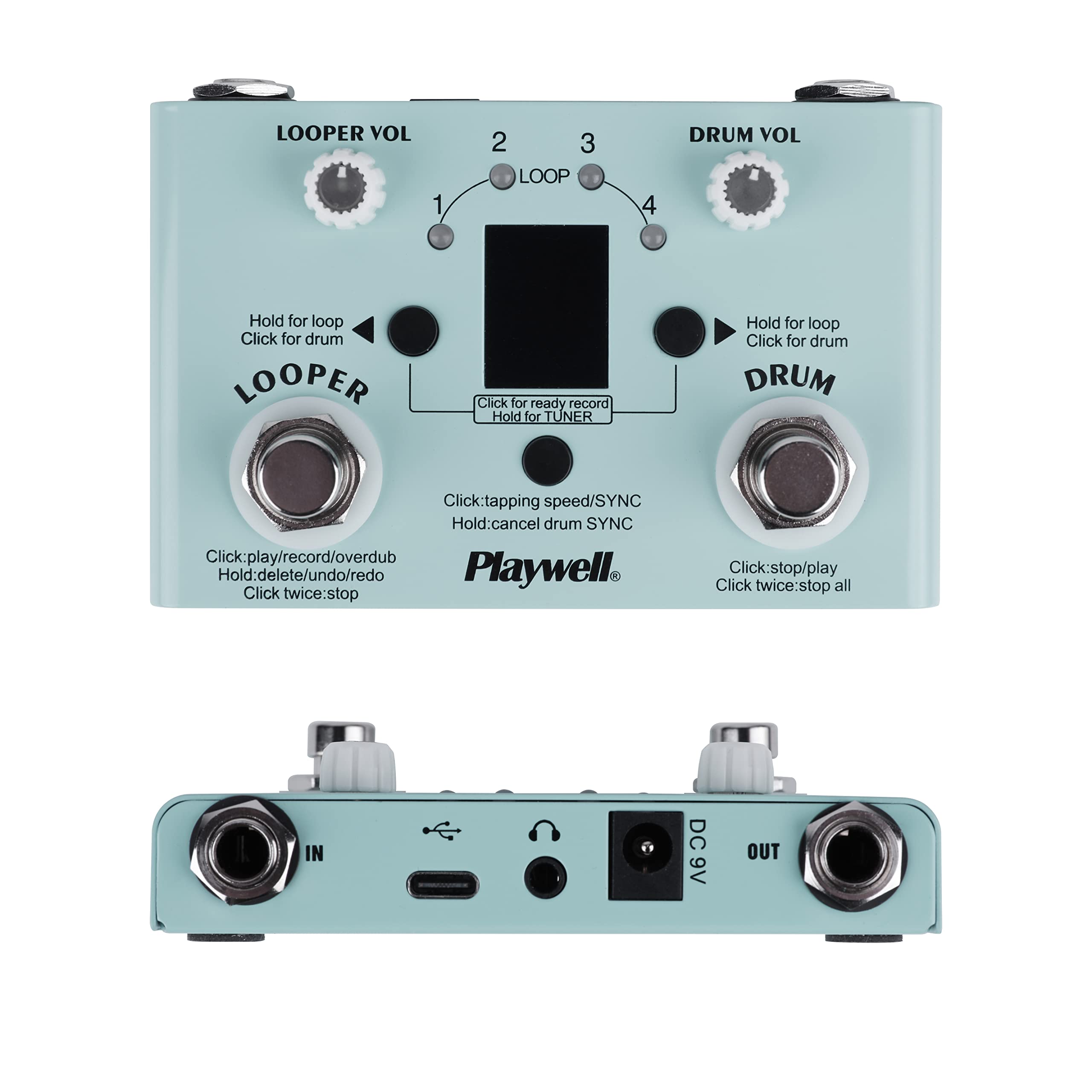 Playwell Drum Machine Looper with Tuner - 11 Minutes Looper 30 Drums - Link app to customize, edit and share drum codes - two kinds of power supply - Headphone Jack,digital display,LED indicator